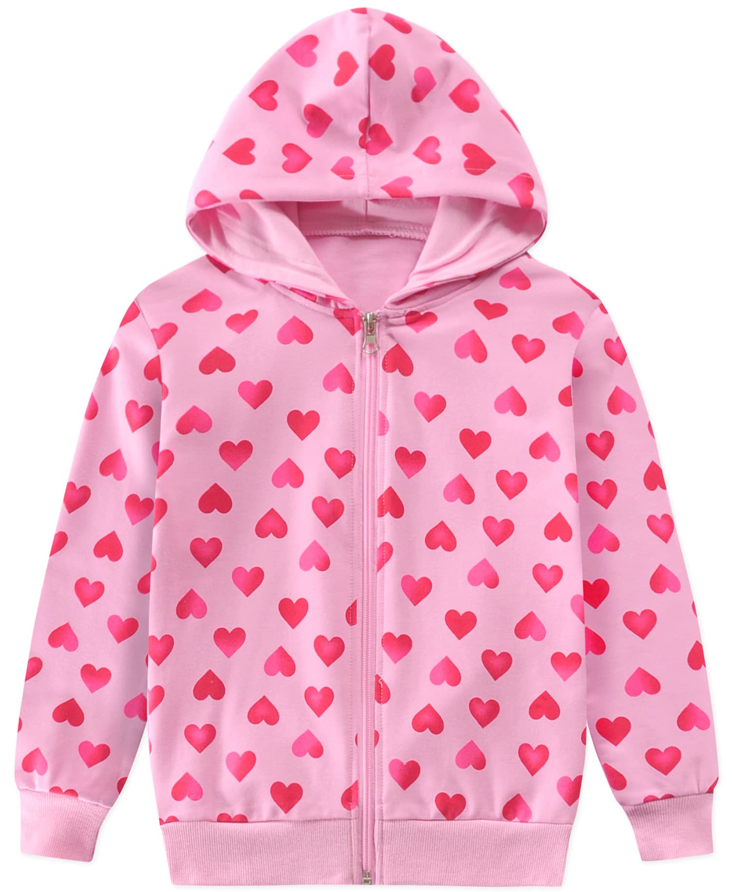 Kids Girls Zip-up Jacket Toddler Hoodies Long Sleeve Heart Print Hooded Sweatshirt Cute Sweater Cotton Tee Shirt Top Fall Winter Clothes Valentine's Day Outfit for Girls Size 7