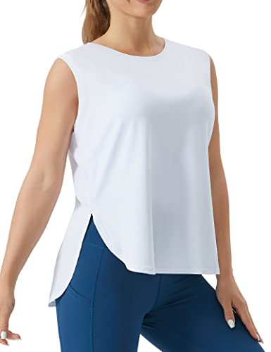 THE GYM PEOPLE Women's Workout Tank Tops Loose Fit Sleeveless Cotton Running Shirts White