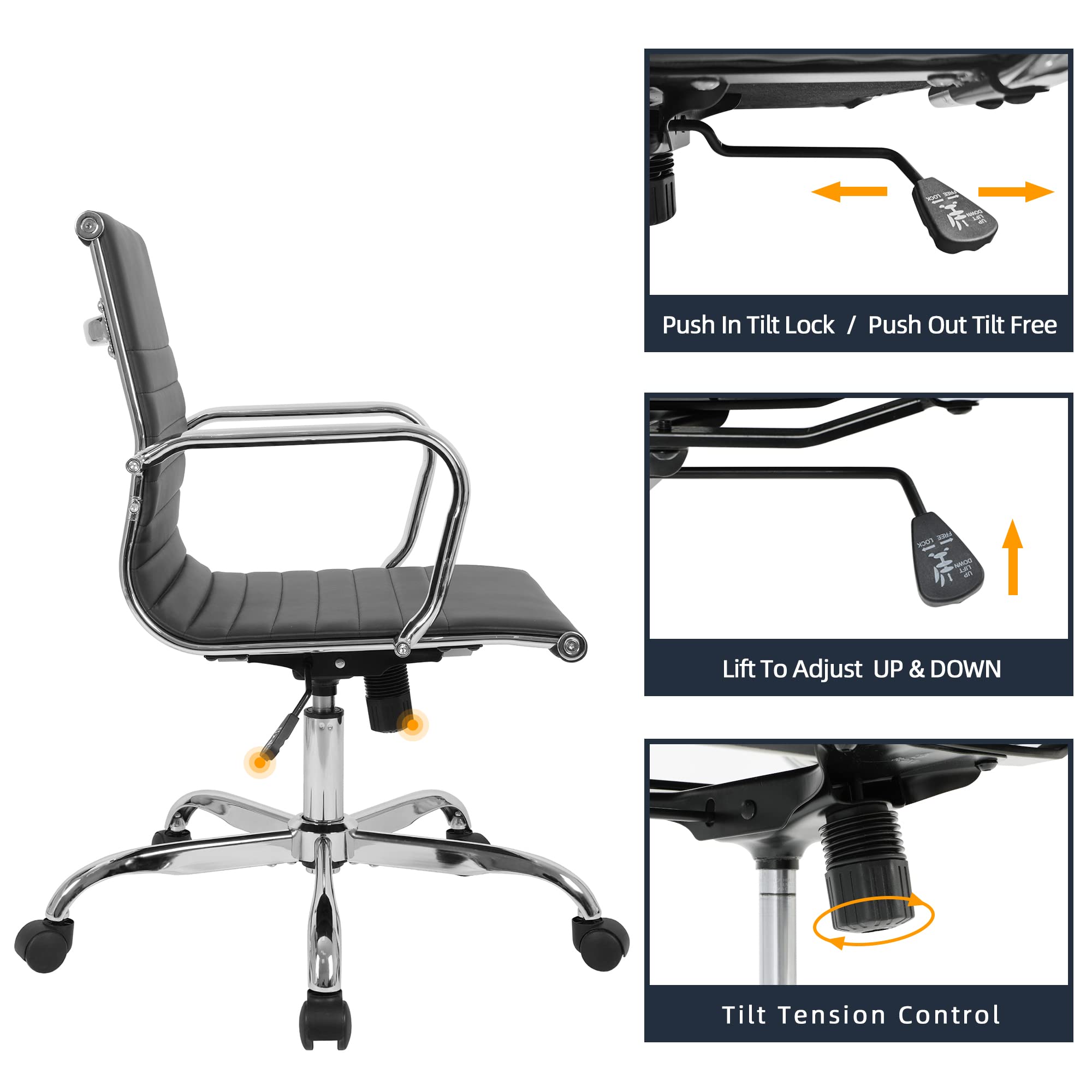 LANDSUN Home Office Chair Mid Back PU Leather Ribbed Swivel Tilt Adjustable Computer Desk Chair with Armrest Executive Conference Black