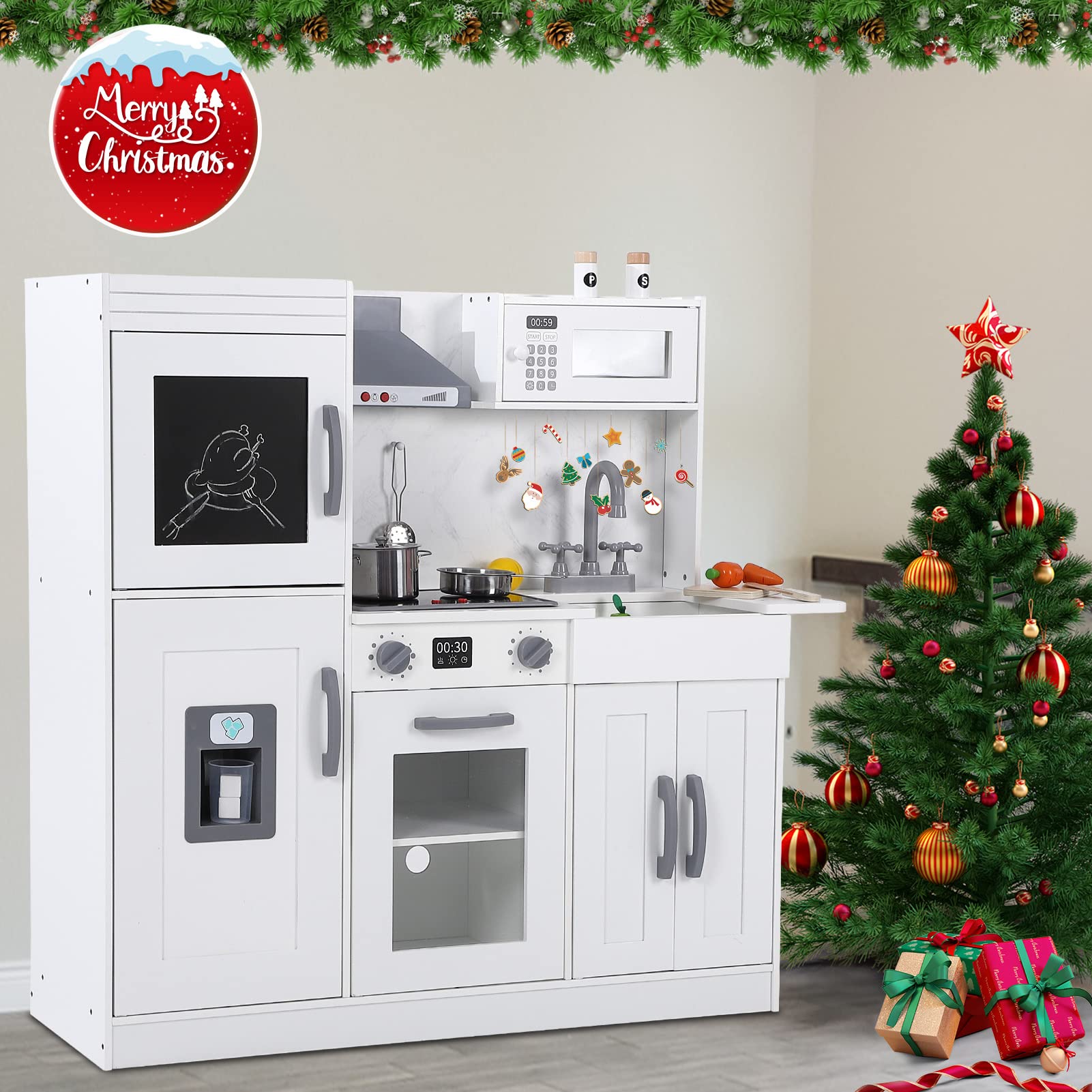 Kids Kitchen Playset, Wooden Chef Pretend Play Set with 20 PCS Cookware Accessories, Wooden Cookware Pretend with Ice Maker, Microwave, Oven, Range Hood, Sink, Real Lights & Sounds,White