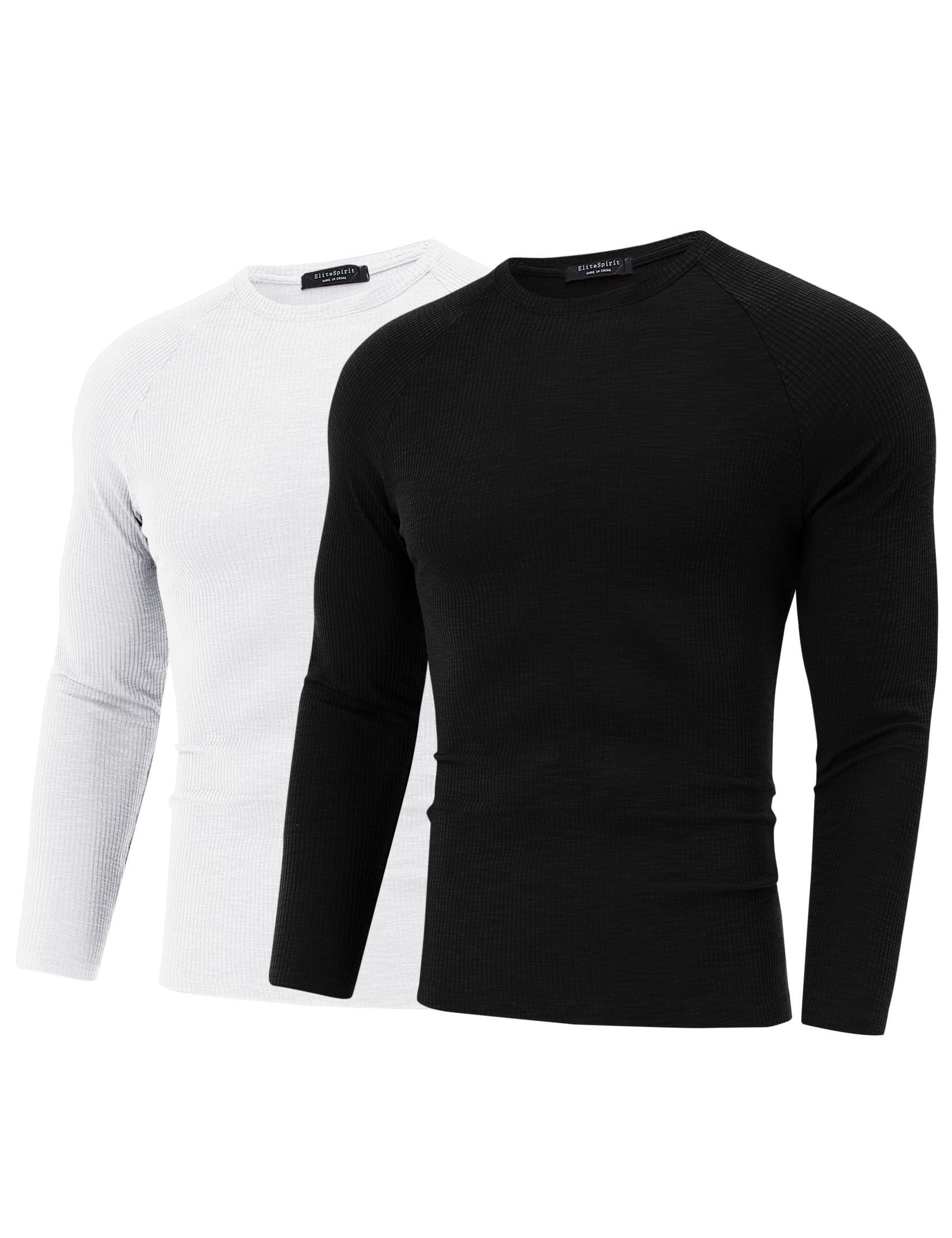 Muscle T Shirts for Men 2 Pack Stretch Long Sleeve Slim Fit Casual Gym Workout Athletic Knit Tee Shirts Black & White XL