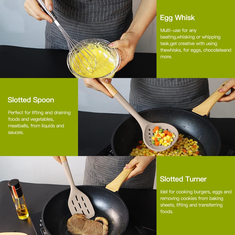 Kesupair Silicone Kitchen Utensils Set - Heat Resistant Silicone Cooking Utensils for Cooking Wooden Handles, Spatula Set, Kitchen Utensil Tools and Gadgets Sets for Non-Stick Cookware (Dark Grey)
