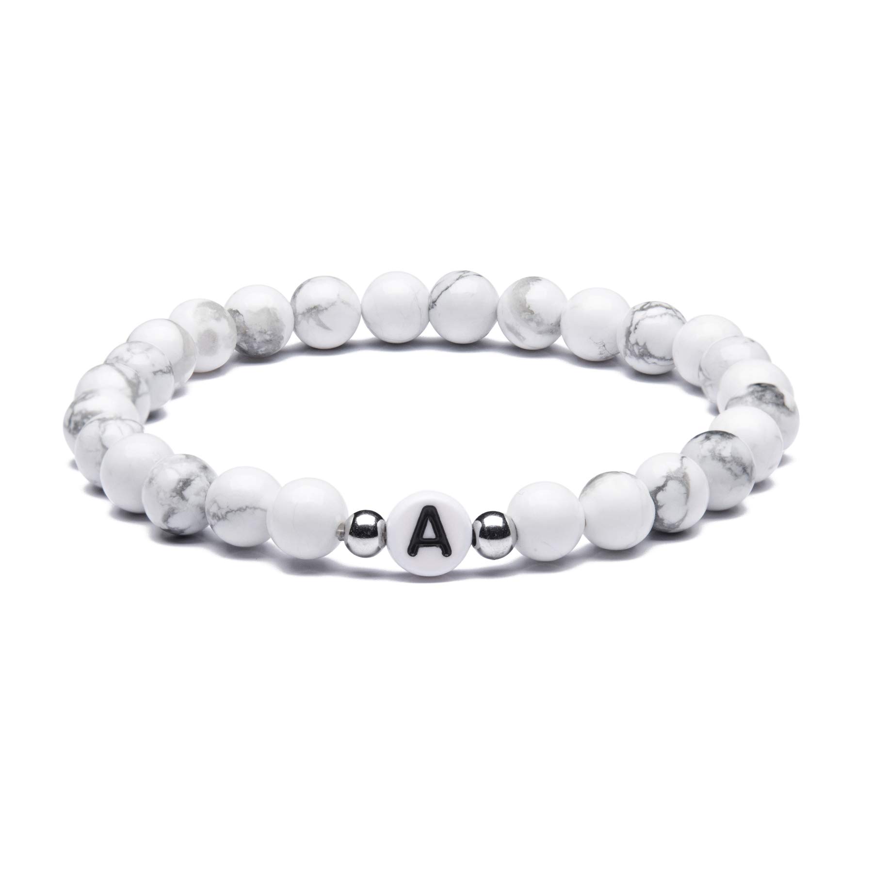 MIGATI Name Bracelet Personalized Initial Letter Howlite Handmade for Women Men Couples (A)