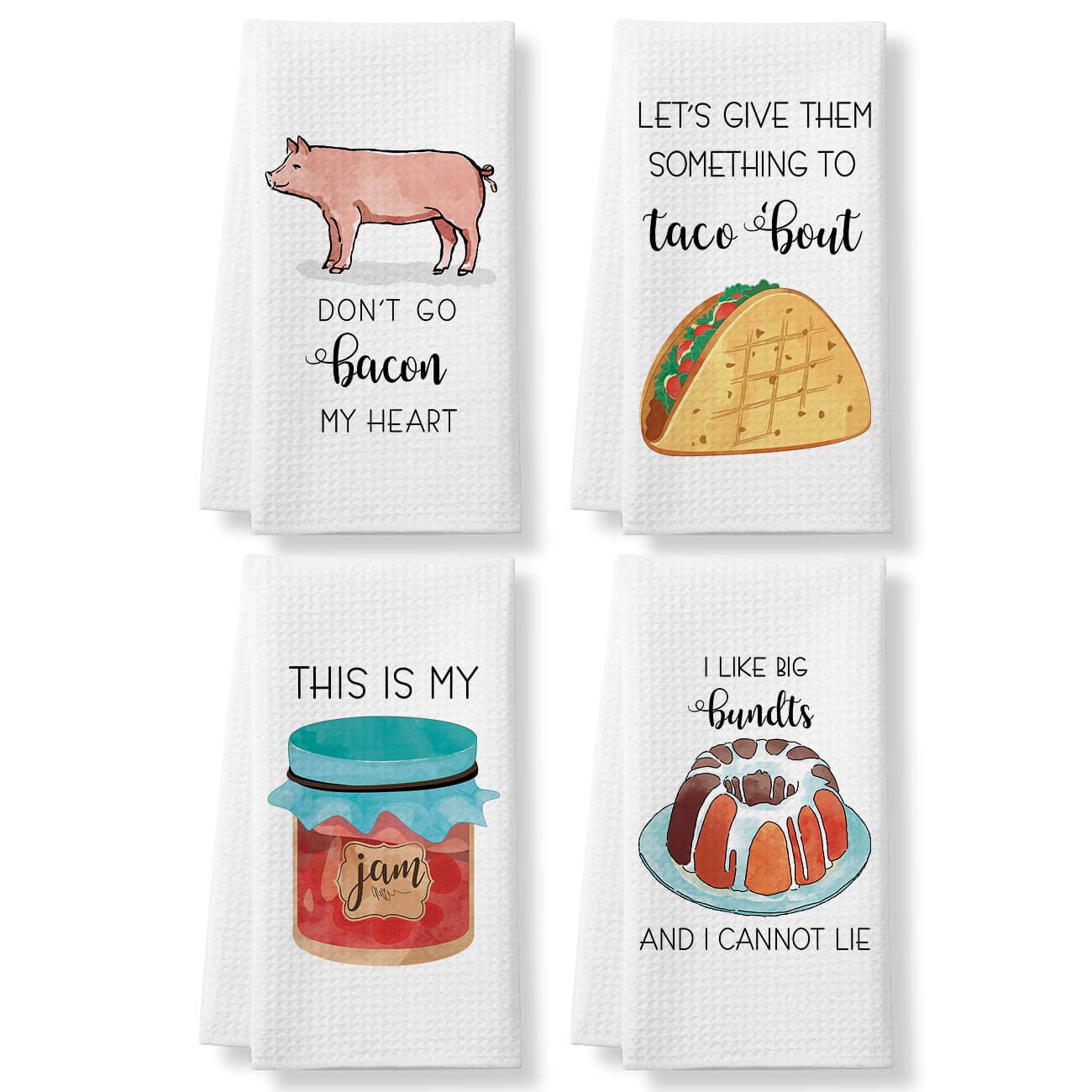 KLL Funny Microfiber Waffle Towels - Set of 4, Lightly Waffled, 16in x 23.5in, Lint Free, Great for Kitchen, Dishwashing, Cleaning, Decor, Gifts
