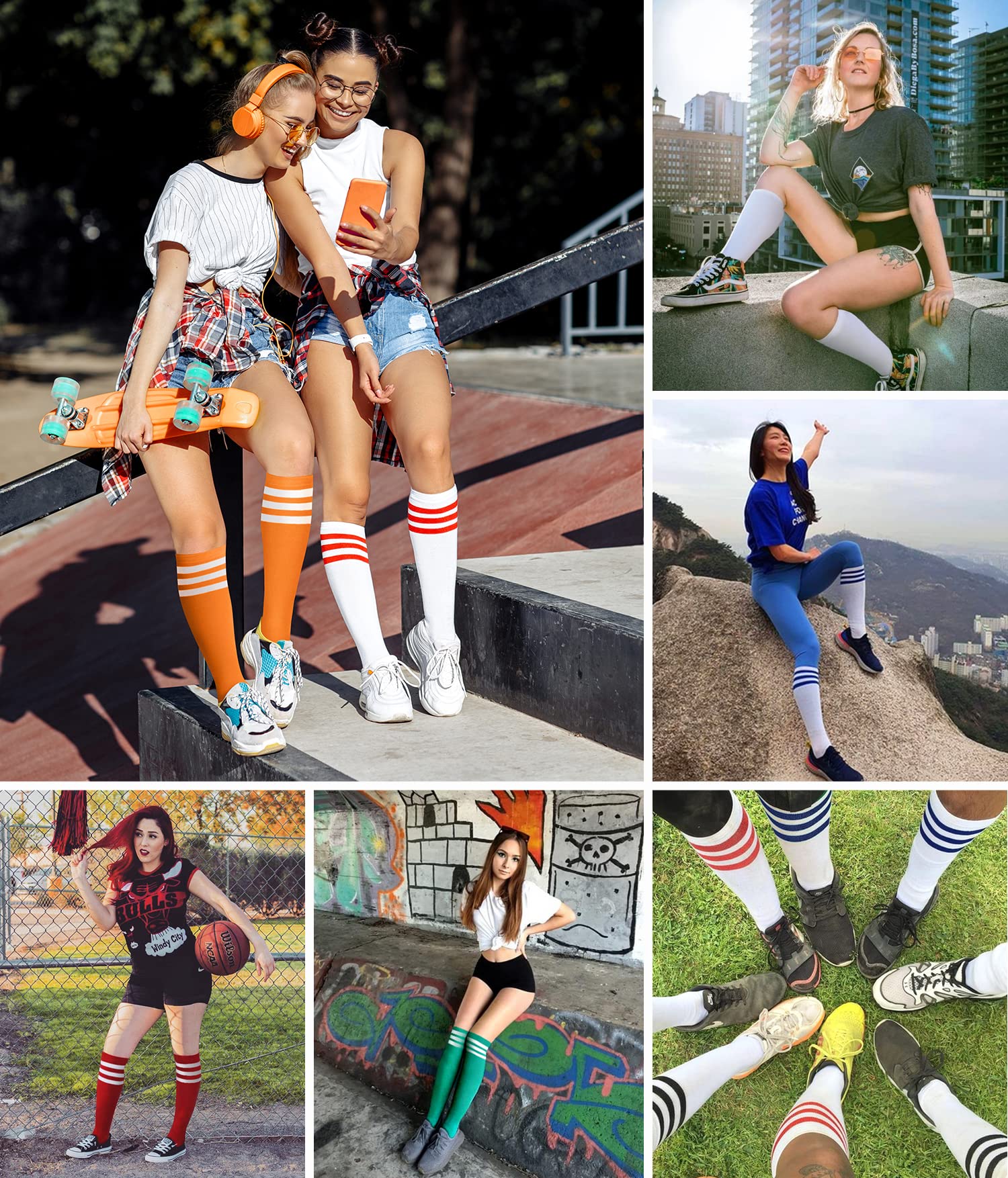 Joulli Women's Knee High Athletic Socks Stripe Tube Outdoor Sport Socks 3 Pairs, Black