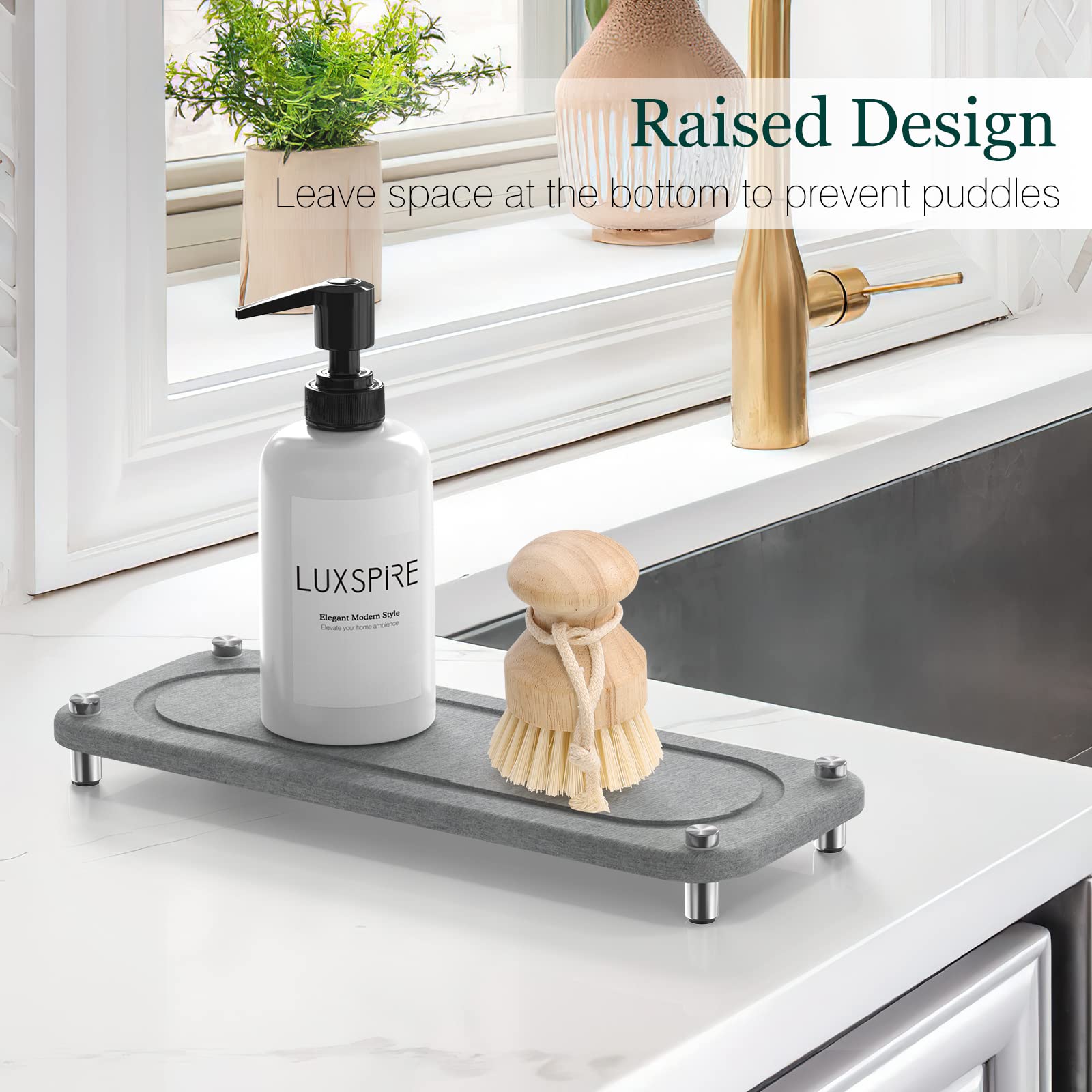 Luxspire Instant Dry Sink Organizer, Gray Diatomaceous Earth Drying Rack, 11" x 7" Rectangular Tray