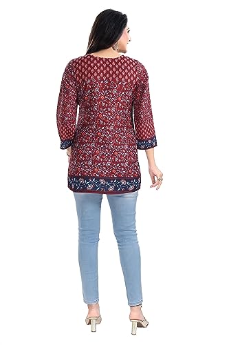 Keshubaba Indian Kurtis for Women Indian Style Crepe Short Kurta Kameez Printed Designs Tunics Tops for Jeans Leggings (Red/X-Large)