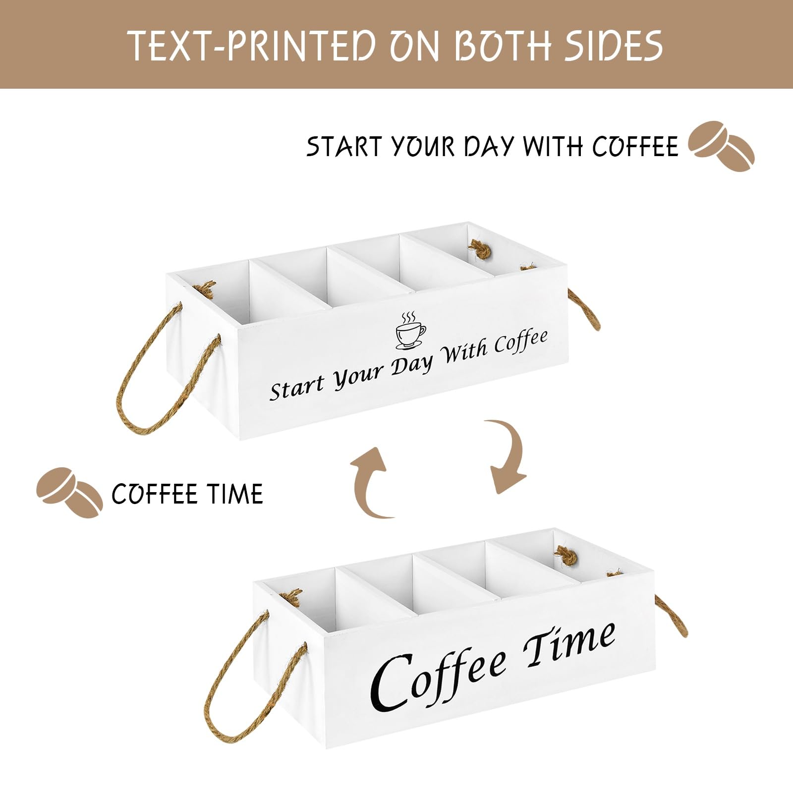 LadyRosian Coffee Station Organizer - 2 Funny Sides Wooden Coffee Bar Organizer with Removable Dividers for Countertop, White