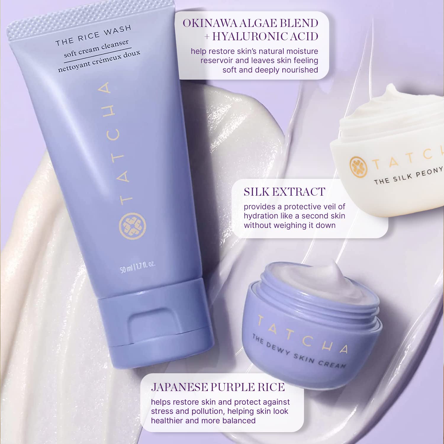 Tatcha Dewy Skin Essentials Exclusive Amazon Set: Rice Wash, Dewy Skin Cream, Silk Peony & Luminous Dewy Skin Mist