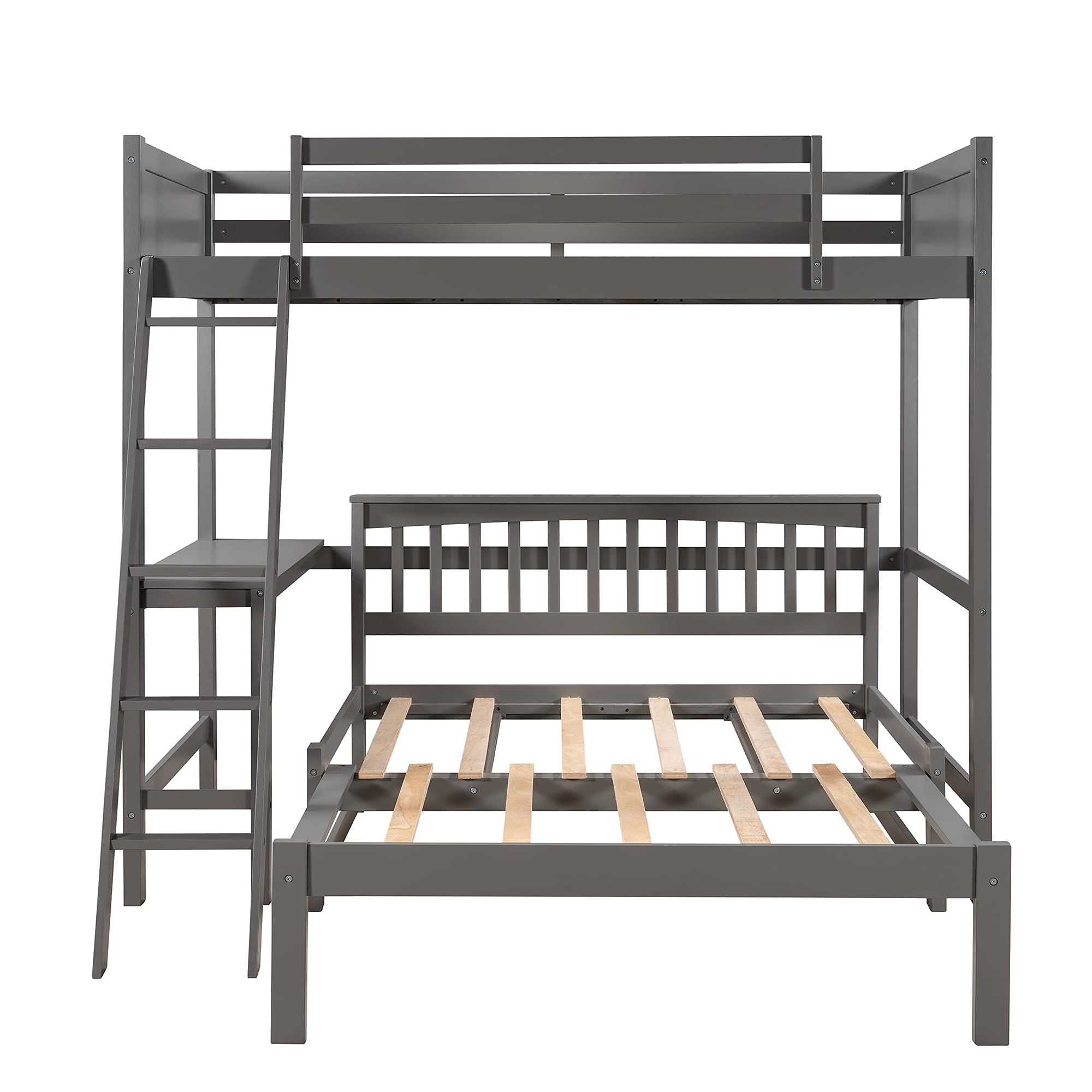 MERITLINE Twin Loft Bed with Convertible Lower Bed, Wood Kids Loft Bed with Desk, Twin over Full Bunk Bed with Ladder,No Box Spring Needed,Grey