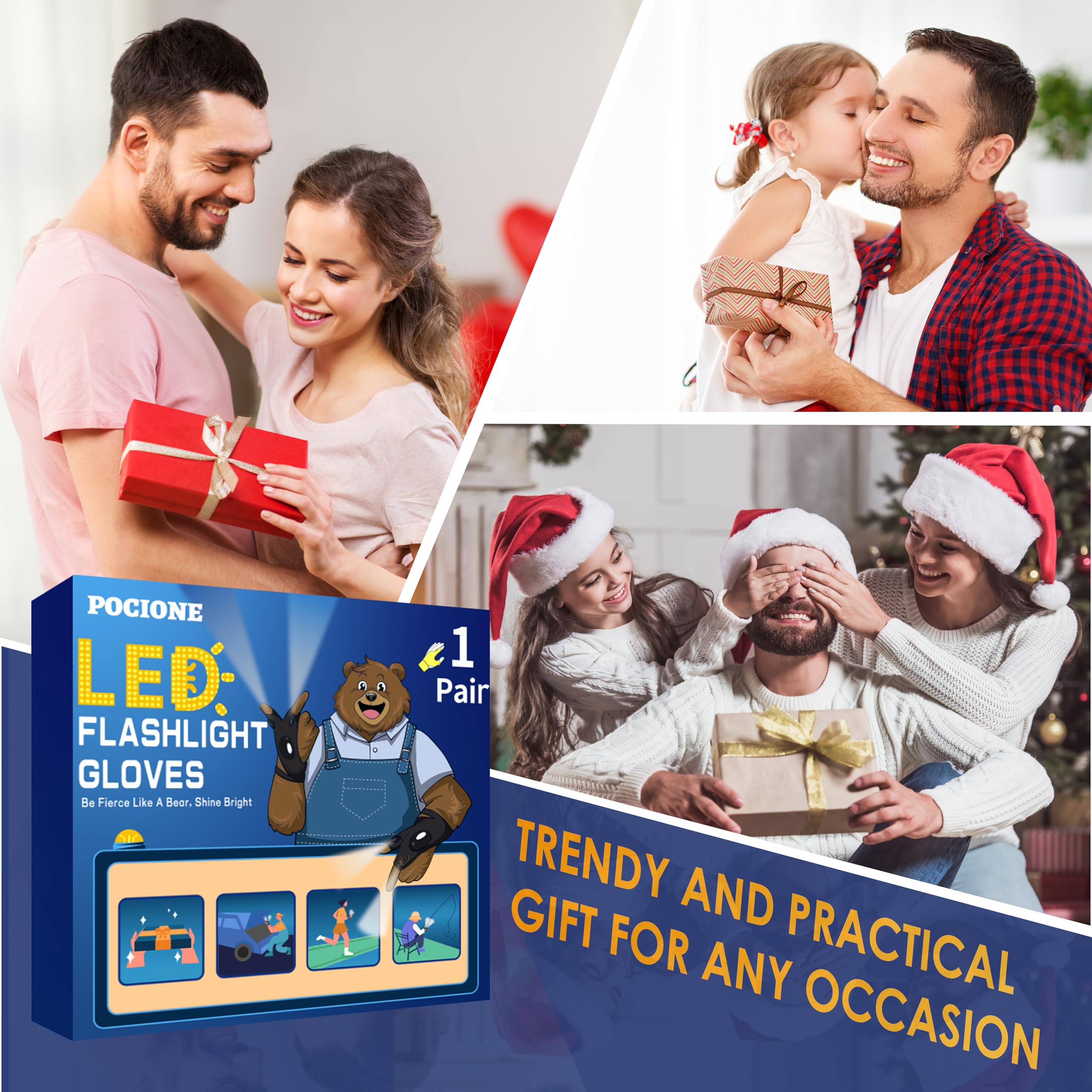 LED Flashlight Gloves - Gifts for Men, Unique Stocking Stuffers, Cool Camping Fishing Accessories and Gadgets