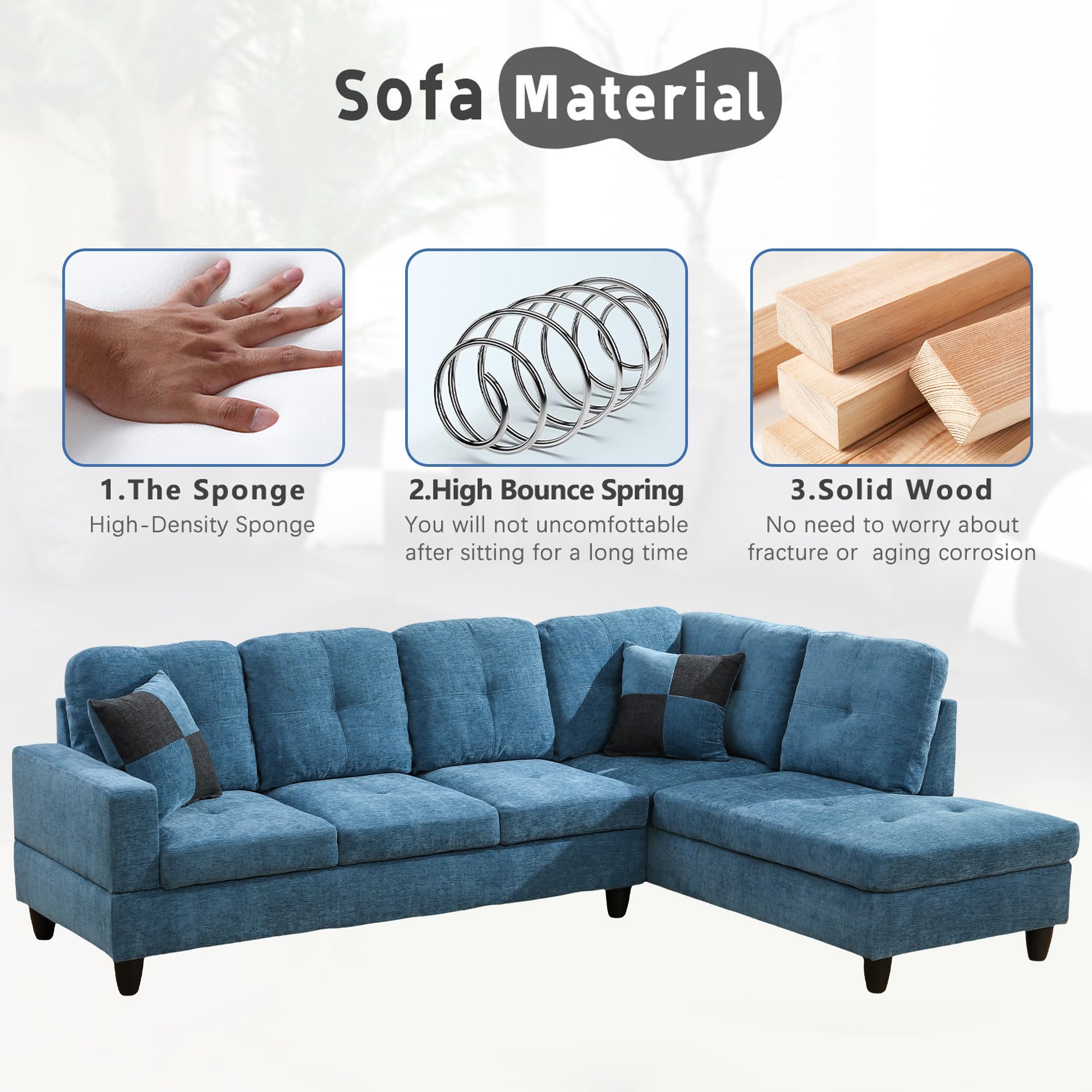 SumKea L-Shaped Sectional Sofa Set, Linnen 5-seat Couches with Pillows, Right Facing Chaise for Living Room, Apartment, Office, Blue