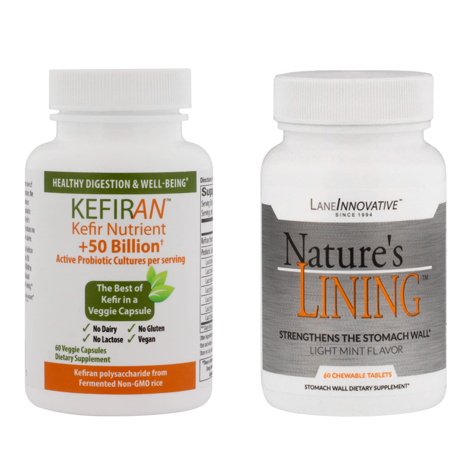 Lane Innovative - Variety Pack: Kefiran + Nature's Lining - Supports Digestive Health, Supports Digestive Balance, Protects Stomach Wall (Kefiran 60 Veggie Caps & Nature's Lining 60 Chewable Tabs)