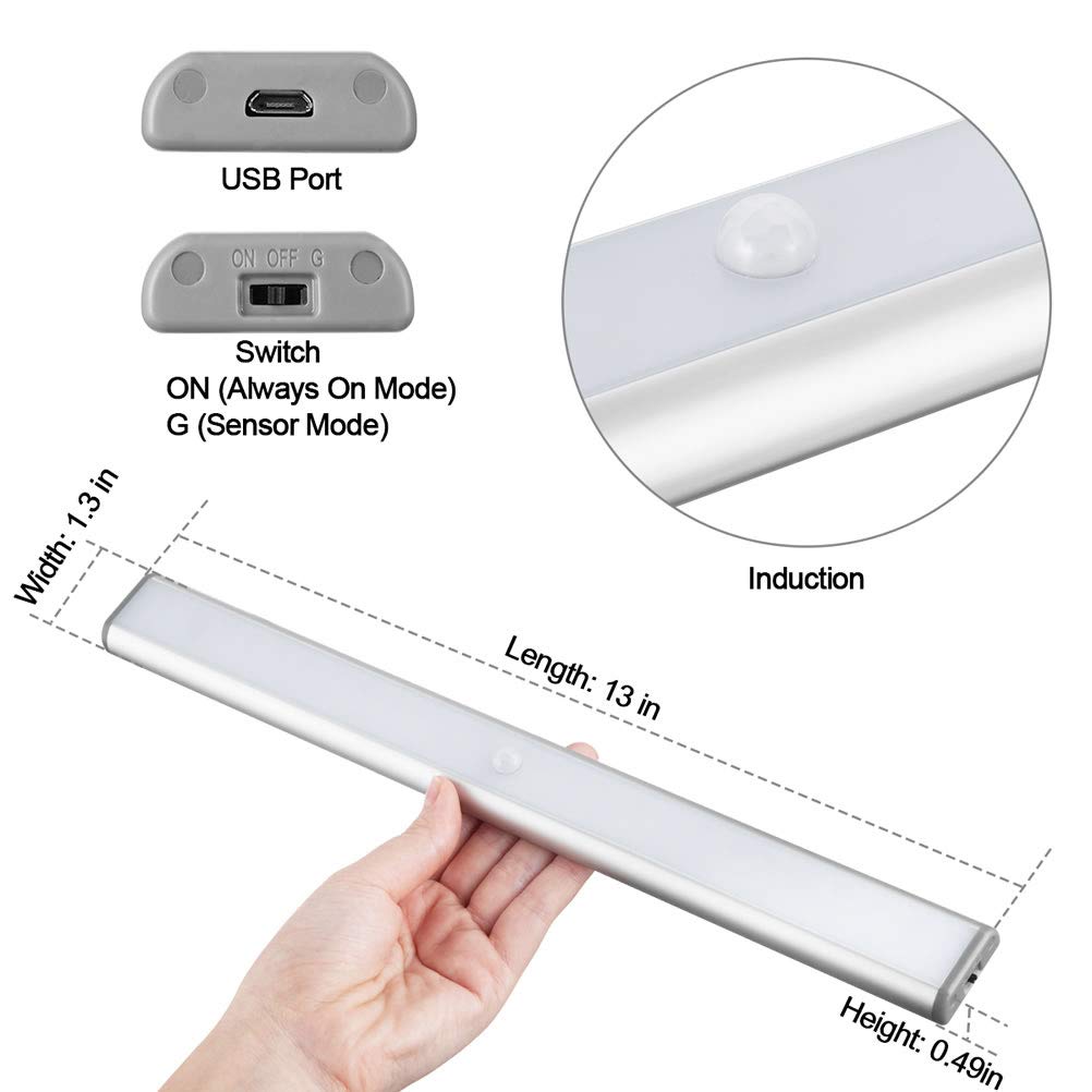 imenou Led Closet Light, USB Rechargeable 52-LED Under-Cabinet Lighting, Motion Sensor Activated Night Light with Magnetic Strip for Closet, Cabinet, Wardrobe (White 2pack)