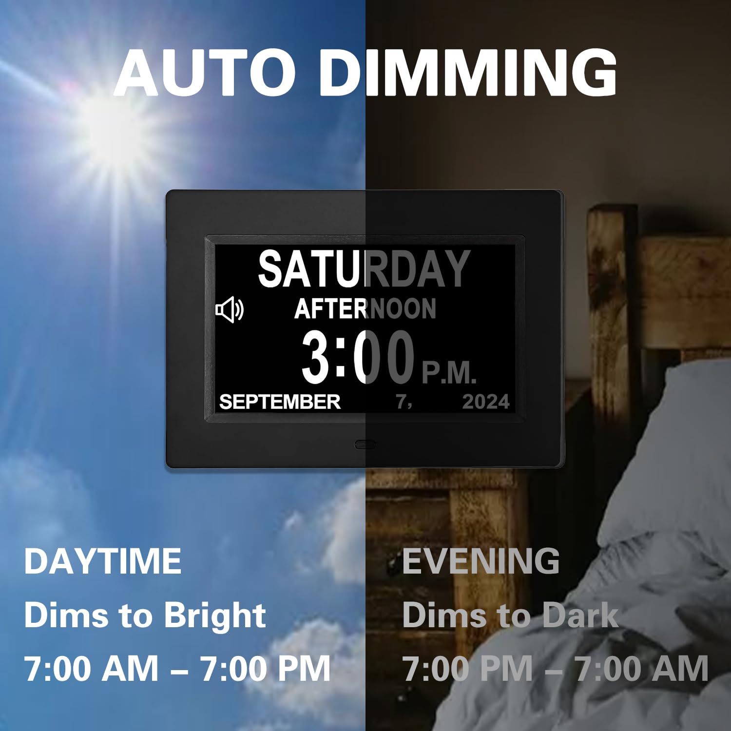 JALL Digital Calendar Dementia Day Clock - with 7" Large Screen Display, am pm, 5 Multiple Alarms, for Aged Seniors, The Elderly, Large Impaired Vision People, for Desk, Wall Mounted
