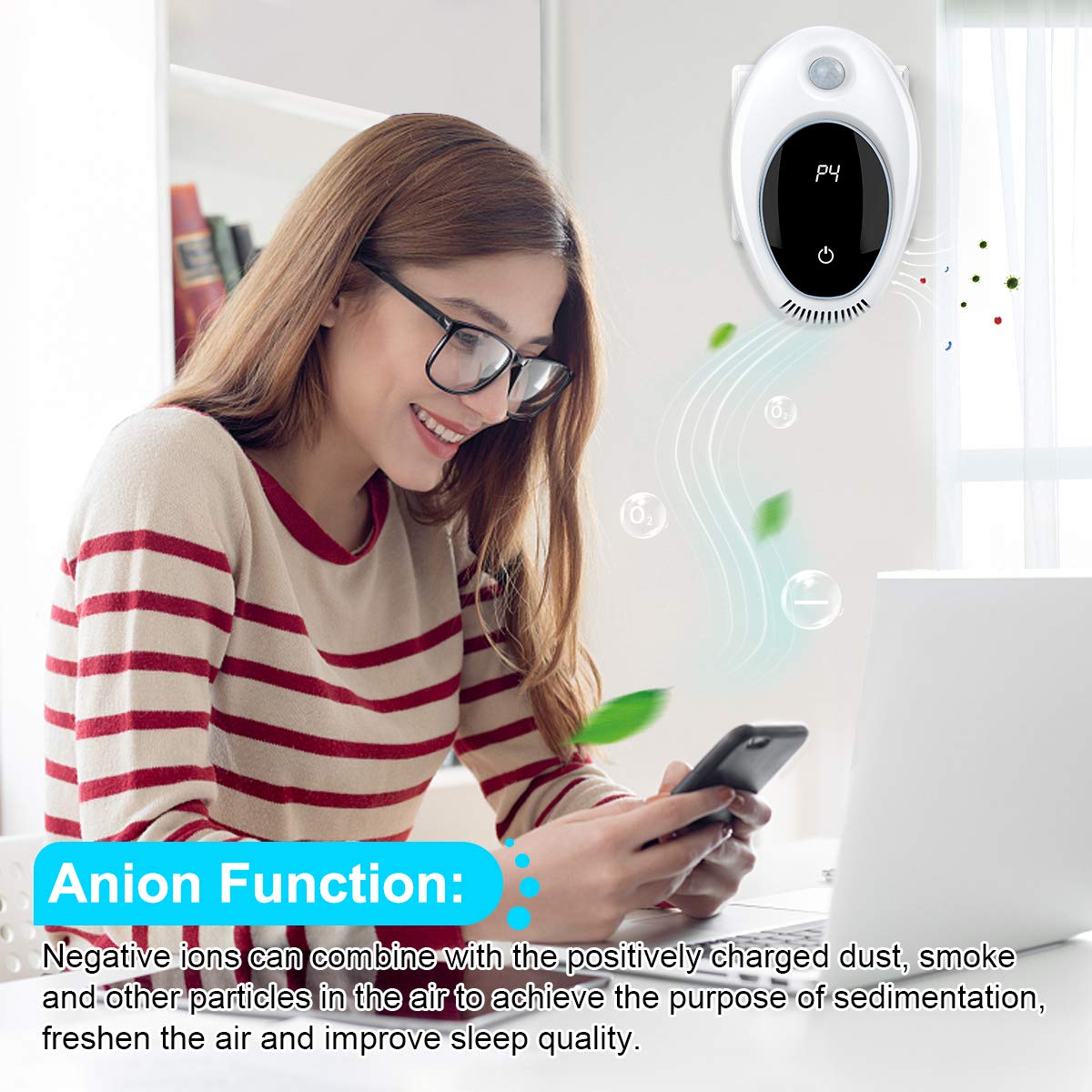 Plug in Air Purifier with Motion Sensor Light for Home, Odor Eliminator Mini Ozone Air Freshener Ionizer Deodorizer to Remove Smell from Pets Smoke Toilet for House Bathroom Kitchen Bedroom Office