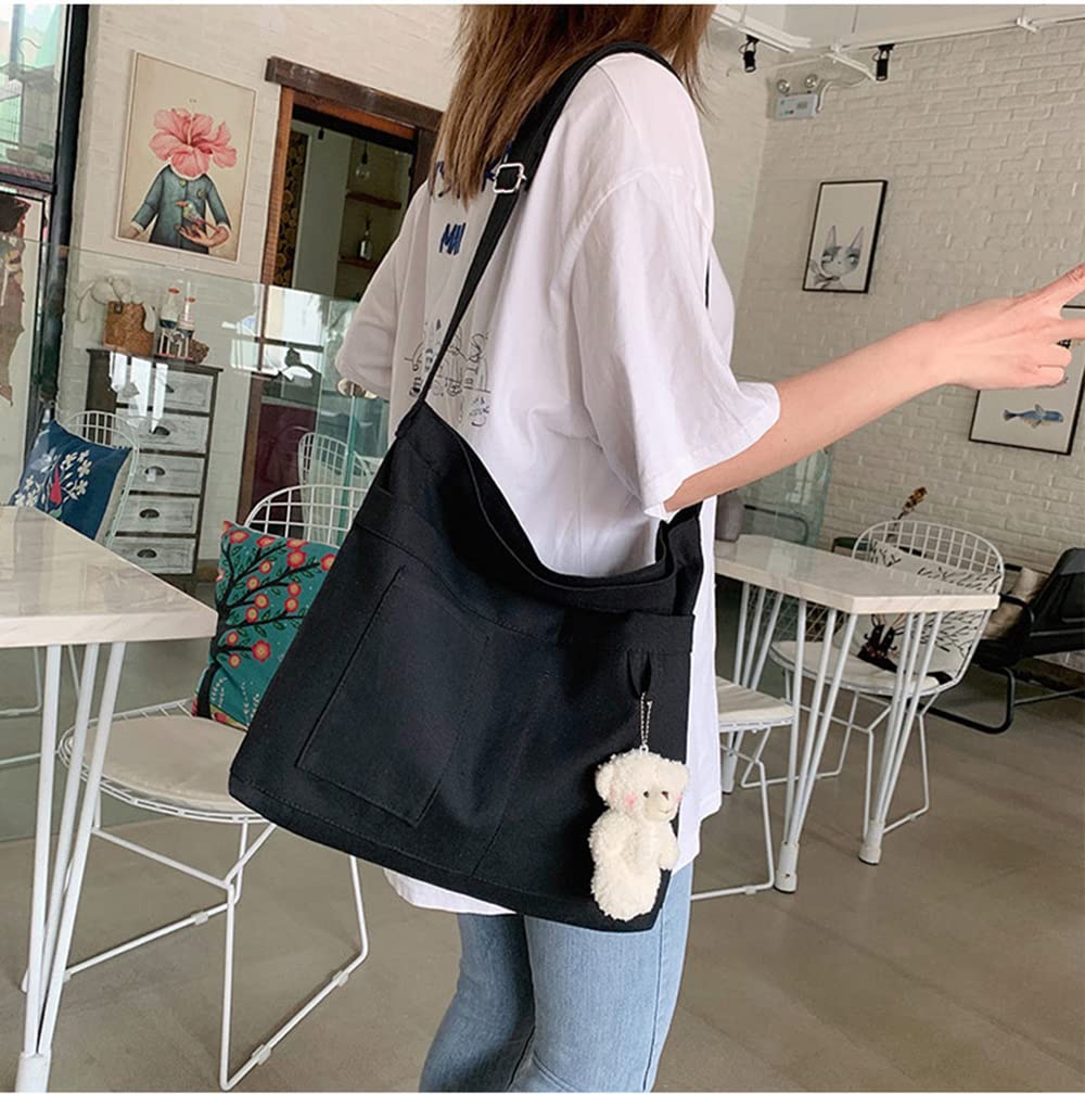 Kehpish Economical Cotton Canvas Tote Bag,Women Hobo Shoulder Bag Crossbody Handbag with 3 External Pocket,Zipper Closure