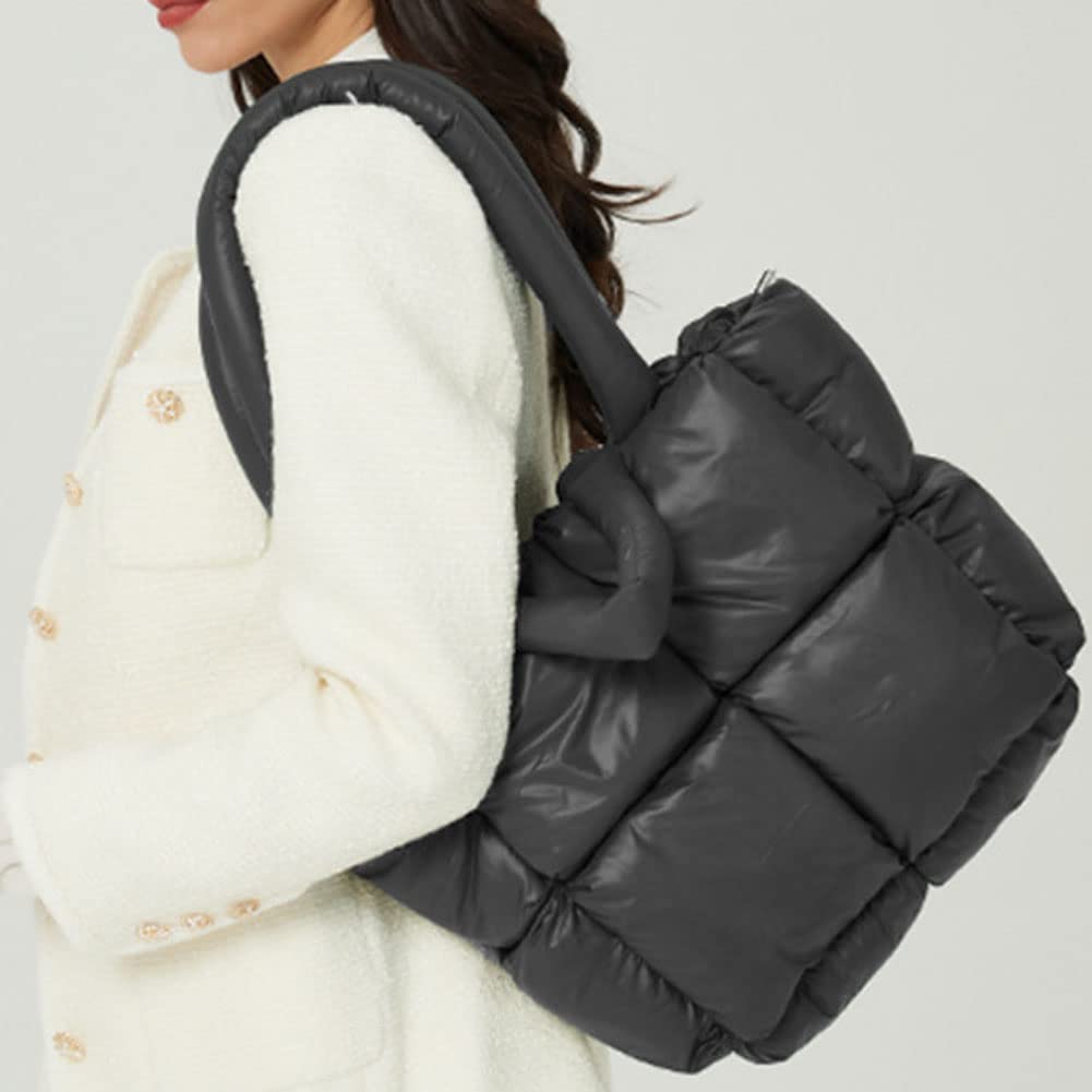 Lightweight Puffer Tote Purse Quilted Women Luxury Handbag Soft Shoulder Bag (Black)