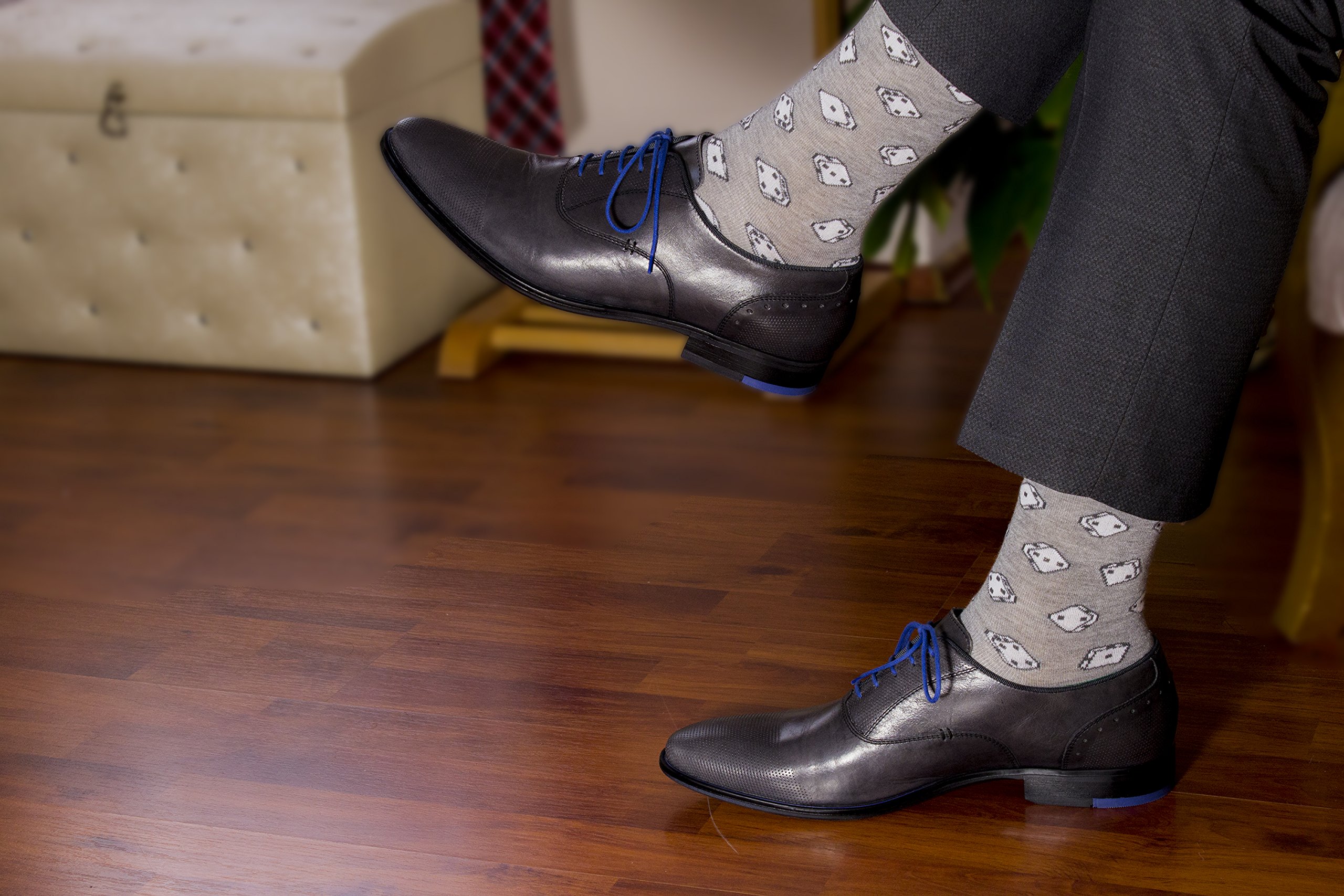Hugh Ugoli Men's Bamboo Dress Socks for Business, Trouser | Thin, Seamless, Patterned Crew Socks in Gift Box, Shoe Size 7-12, Dice 1 I 6 Pairs