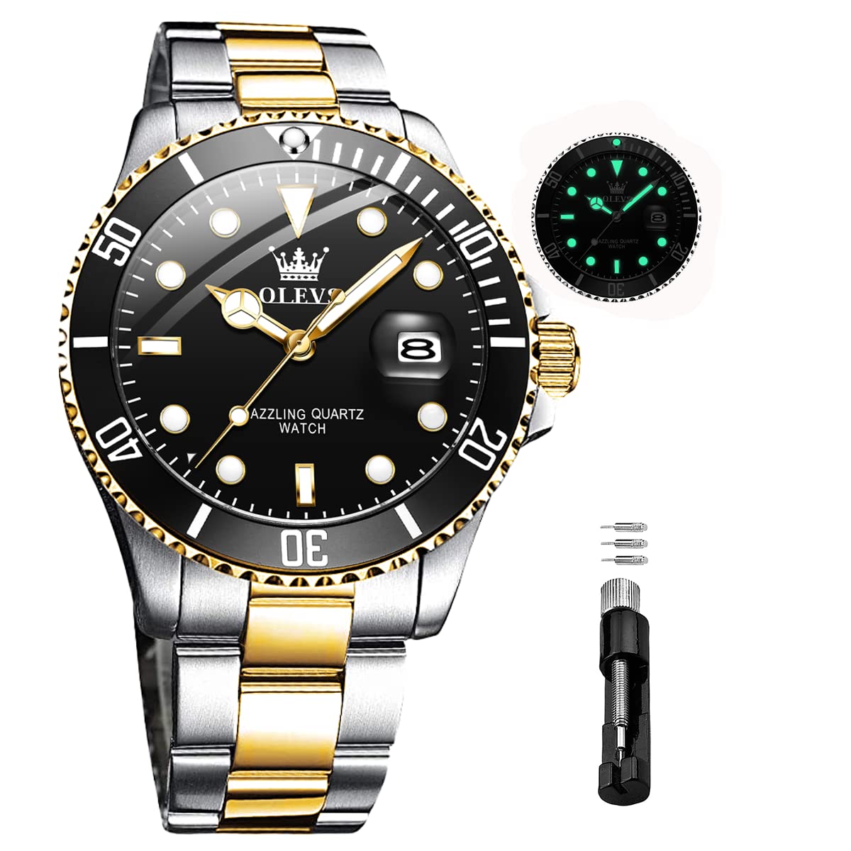 OLEVS Men's Classic Watch with Date Stainless Steel Large Dial Gold/Silver/Blue/Black Waterproof Luminous Luxury Dress Watch Beautiful Gift Box