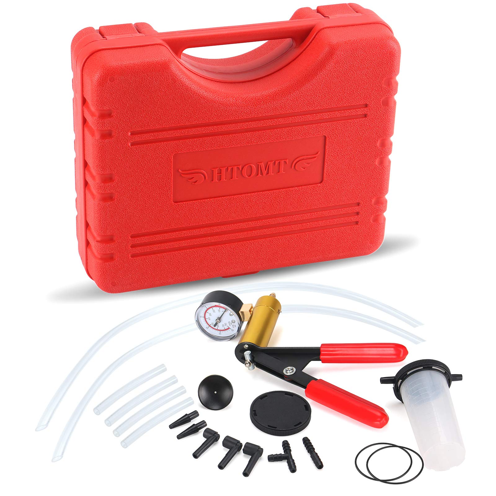 HTOMT 2 in 1 Brake Bleeder Kit Hand held Vacuum Pump Test Set for Automotive with Protected Case,Adapters,One-Man Brake and Clutch Bleeding System(Red)