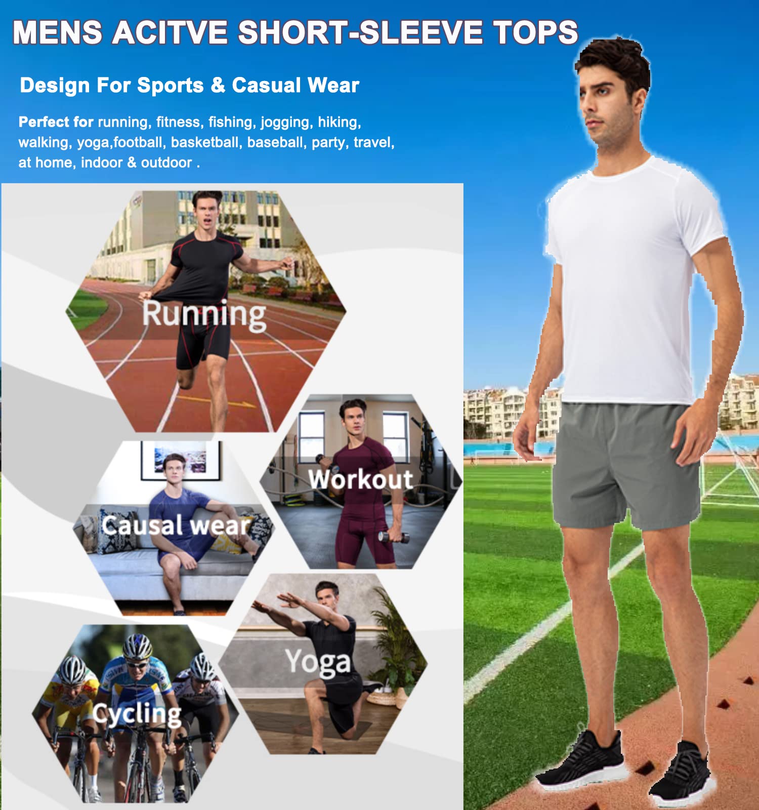 Men's Dry-Fit Short Sleeve T-Shirt Active Athletic Crew Top UPF 50+ Workout Running Fishing Top Tee Performance Shirts White