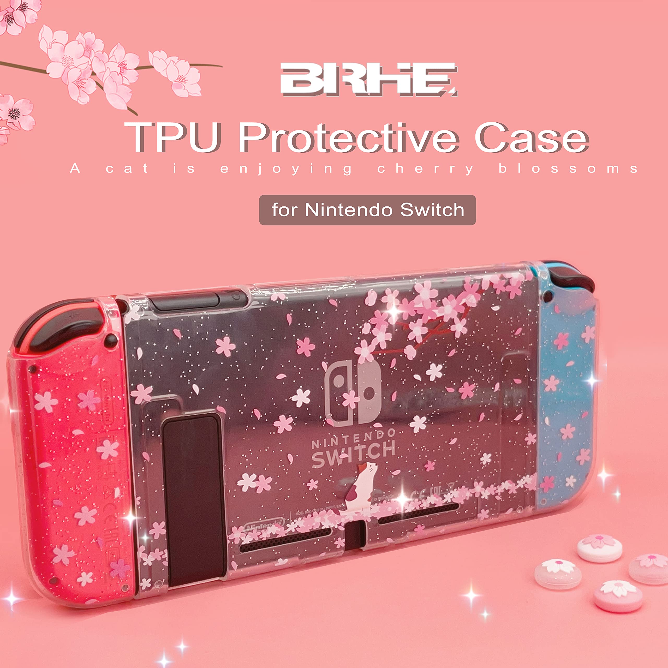 Kawaii Glitter Clear Case for Nintendo Switch,BRHE Soft TPU Dockable Protective Cover Cute Cat Bling Skin for Girls with Screen Protector Thumb Grips – Cherry Blossom Pink