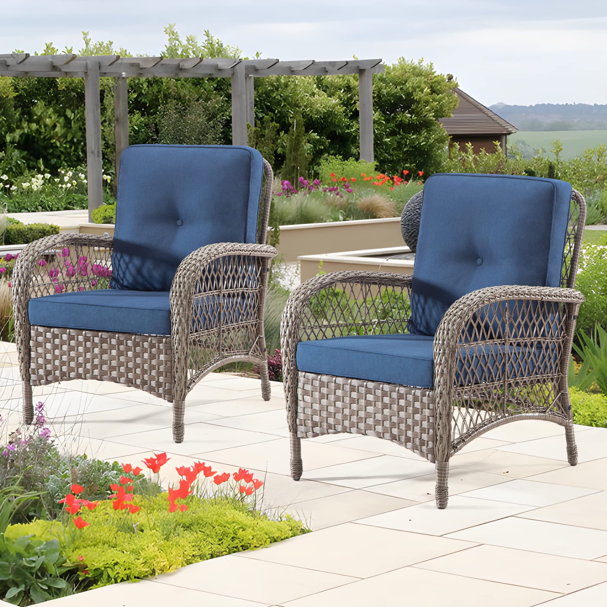 Joyside Patio Furniture Set 6-Piece Wicker Conversational Set with 2 Two-Seat Sofas, 2 Armchairs and 2 Coffee Tables - Rattan Conversation Set with Cushions(Brown mixed with gray/Beige)