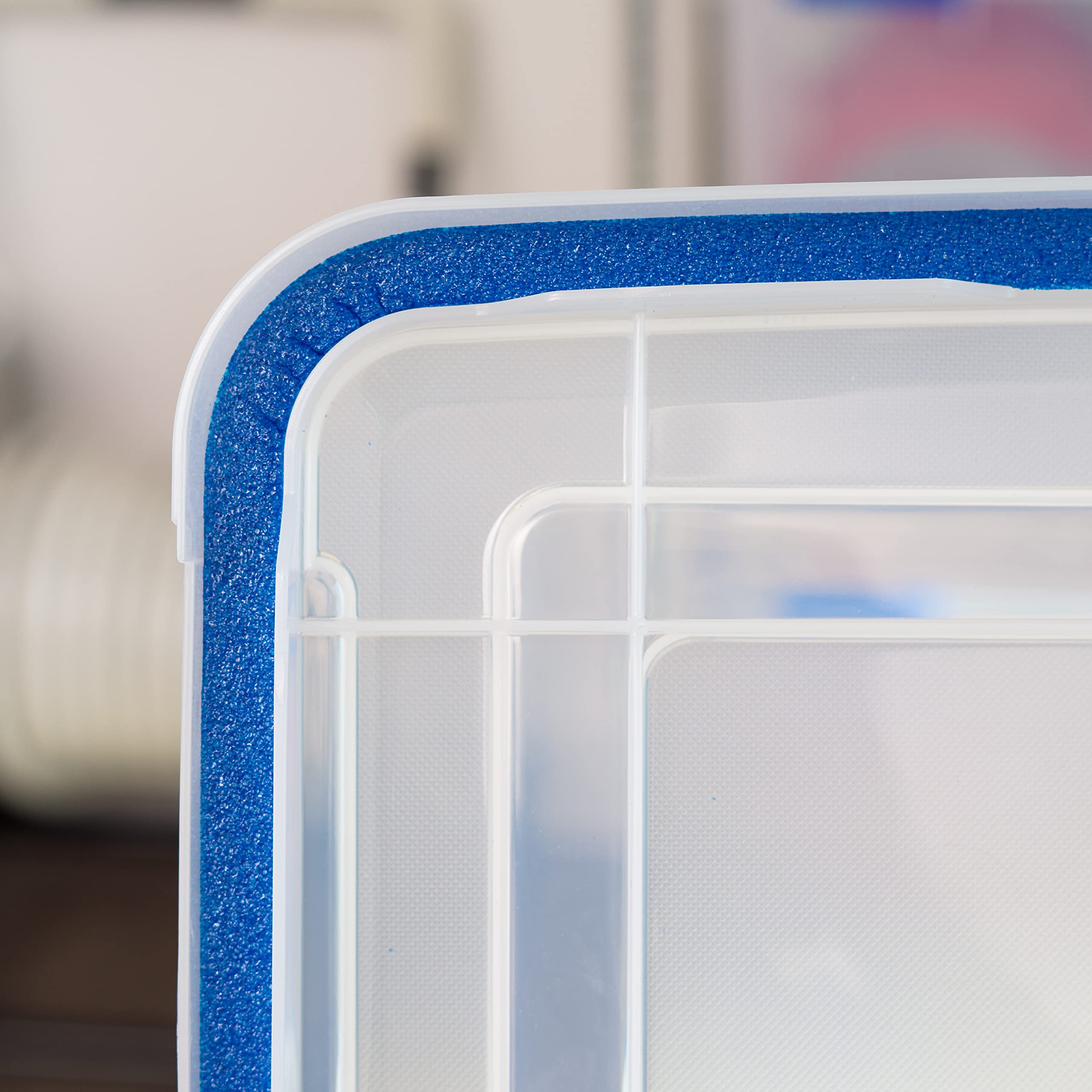IRIS USA 74 Qt Storage Box with Gasket Seal Lid, 3 Pack - BPA-Free, Made in USA - Heavy Duty Moving Containers with Tight Latch, Weather Proof Tote Bin, WEATHERPRO - Clear/Blue