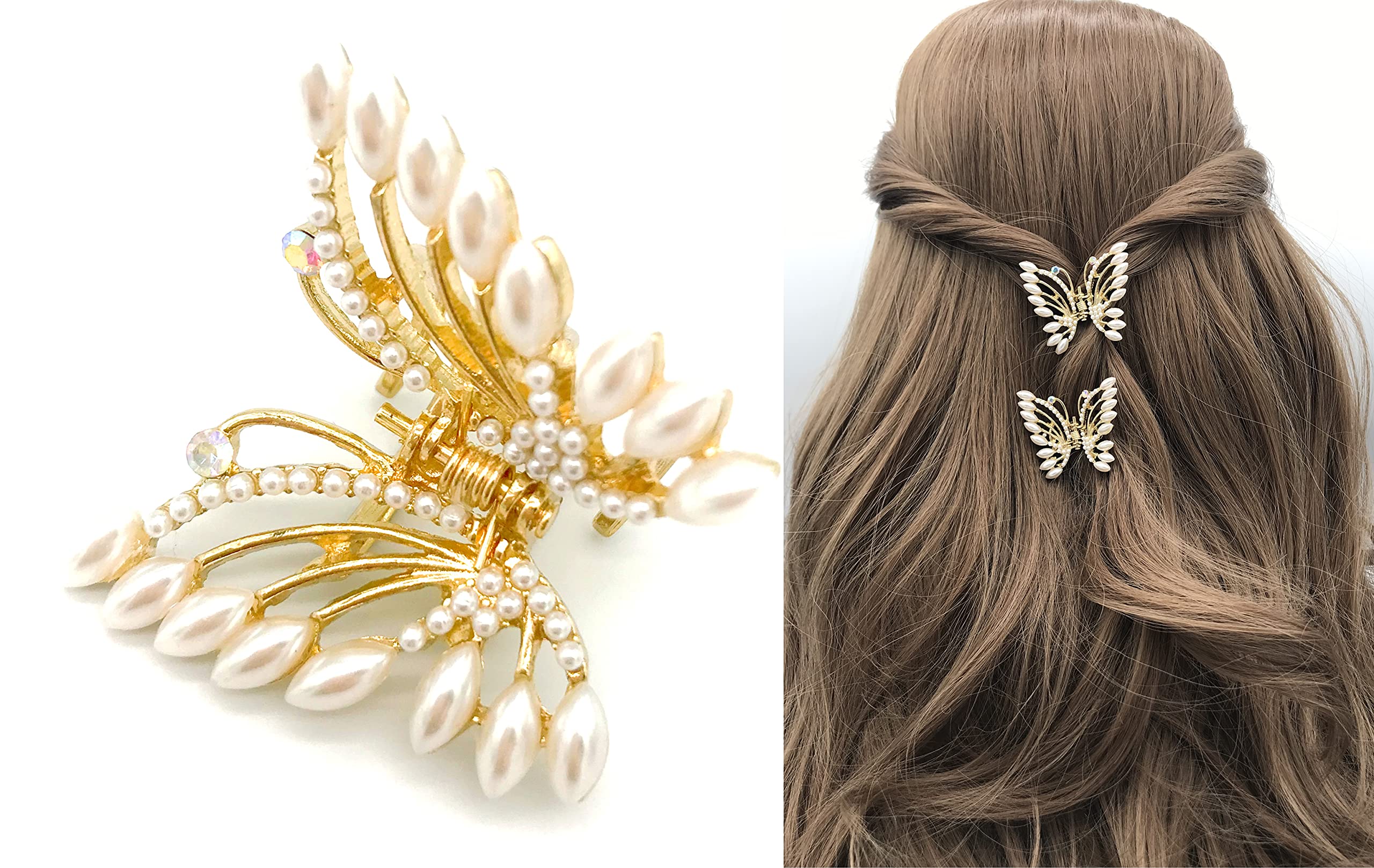 Metal Pearl Butterfly Small Hair Claw Clips for Girls and Women Vivid Butterfly Metal Hair Clips Wedding Décor (2 PCS)