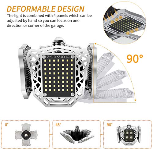 LED Garage Lights, 120W 10000LM Garage Ceiling Light E26/E27 Deformable LED Bay Lighting with 4 Adjustable Aluminum Panels, 224 LED Chips Shop Light for Garage, Warehouse (No Motion Activated)