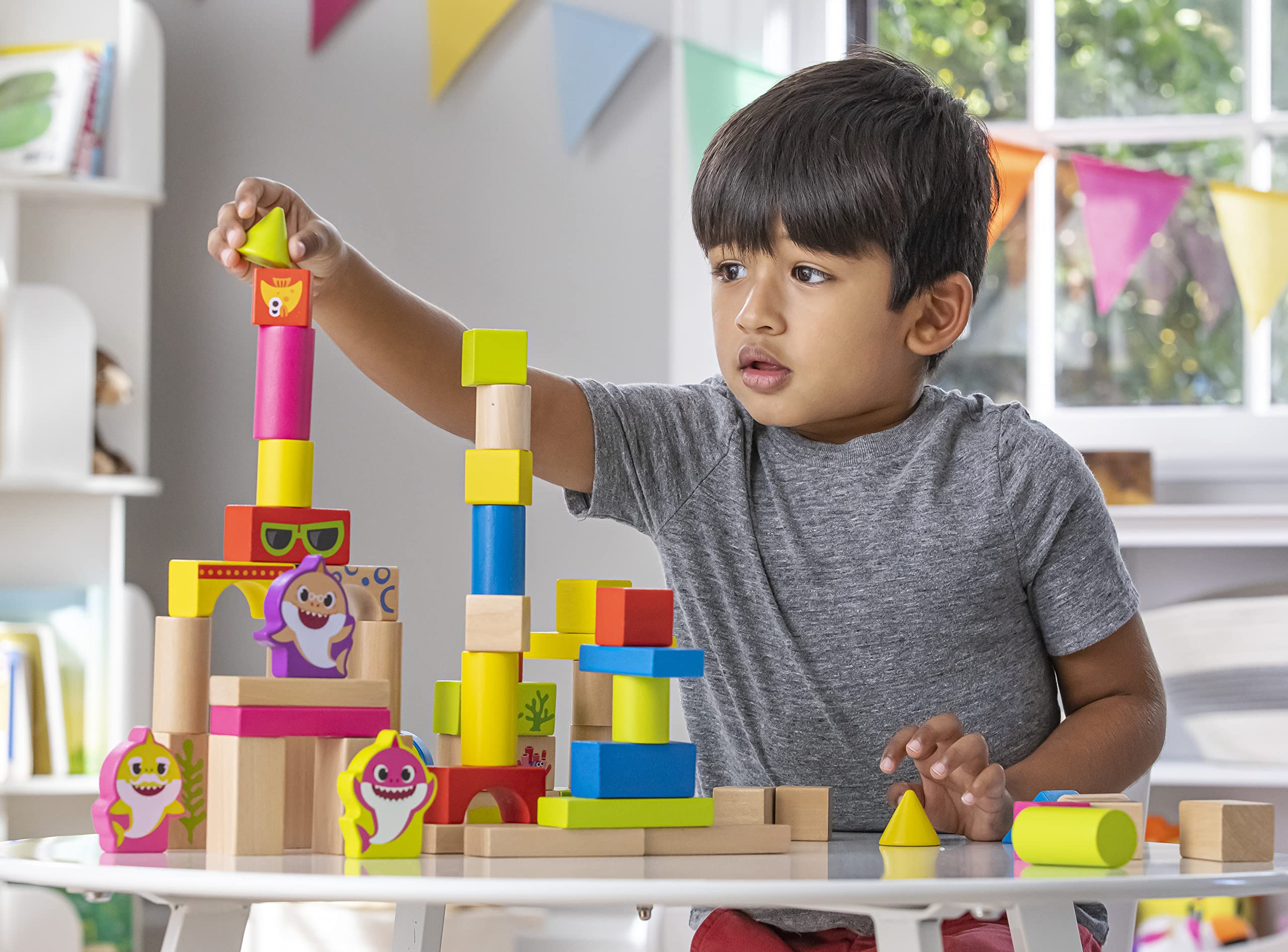 Pidoko Kids Baby Shark Toys - Wooden Blocks 100 Pcs - Includes Storage Container - Building Blocks Set for Toddlers