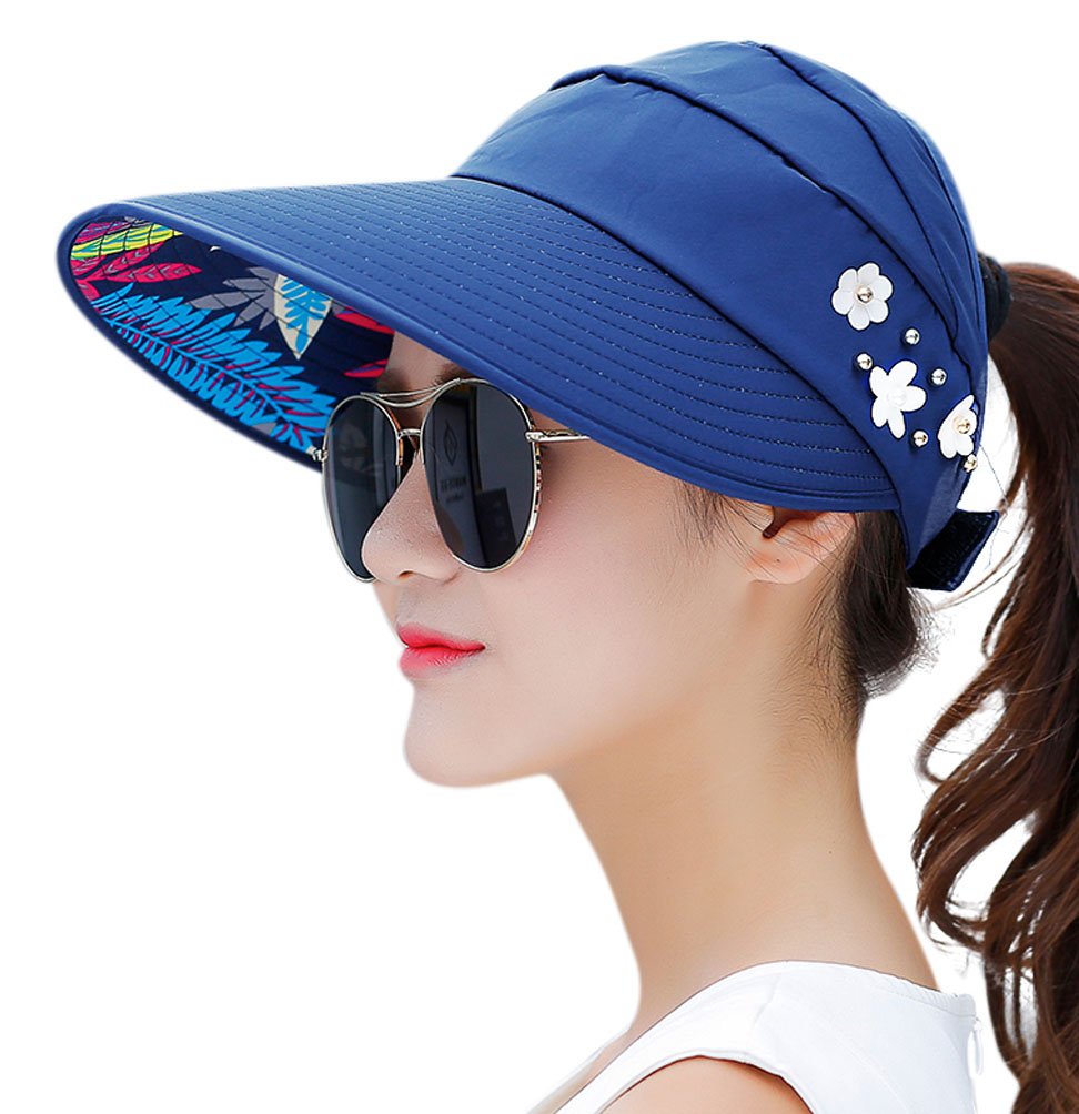 HINDAWI Sun Hats for Women Sun Hat Wide Brim UV Protection Summer Beach Foldable Visor Navy