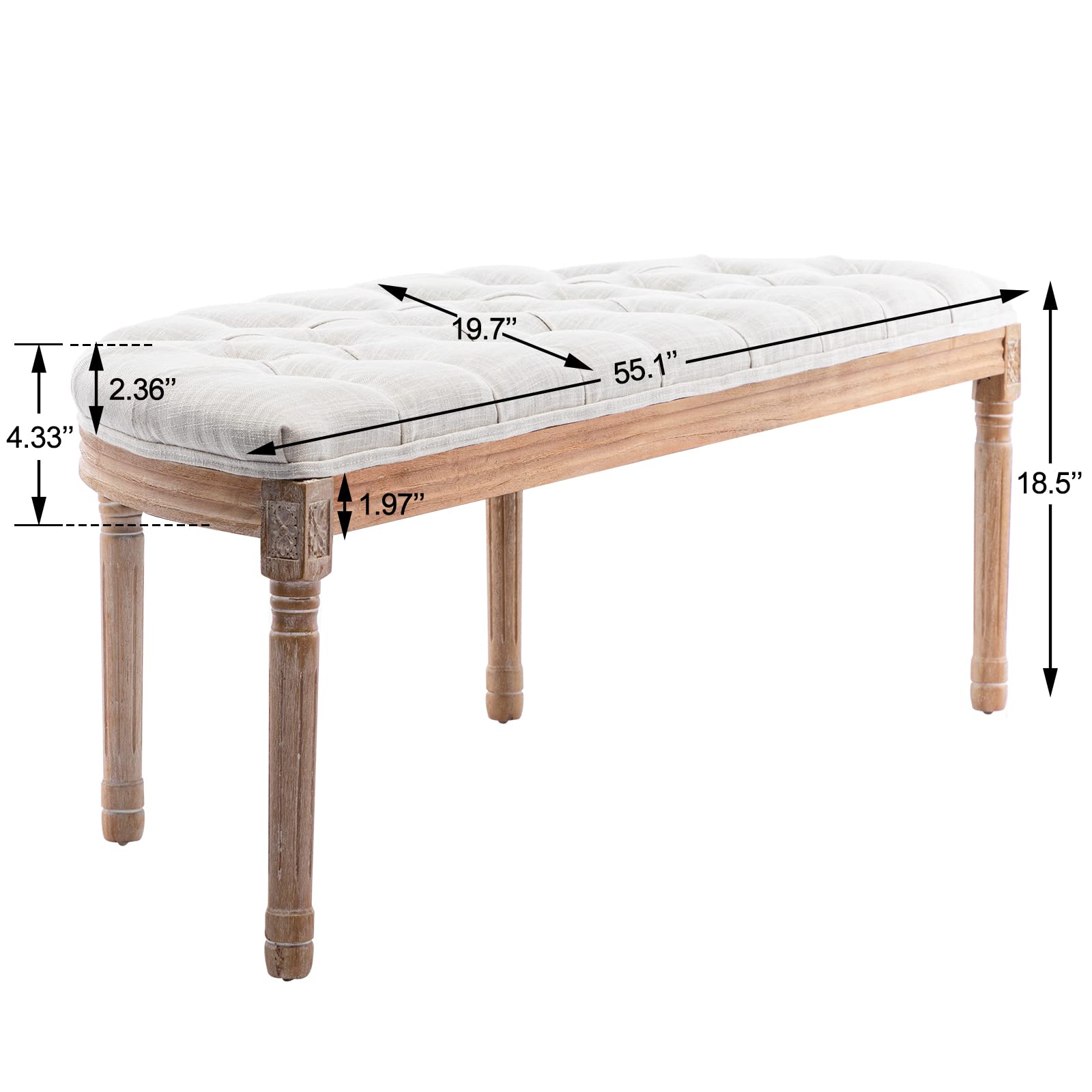 Janoray Farmhouse Upholstered Tufted Bench Wooden Half Moon Entryway Ottoman for Front Hallway Corner Window Bedroom End of Bed Living Room Coffee Table, Beige