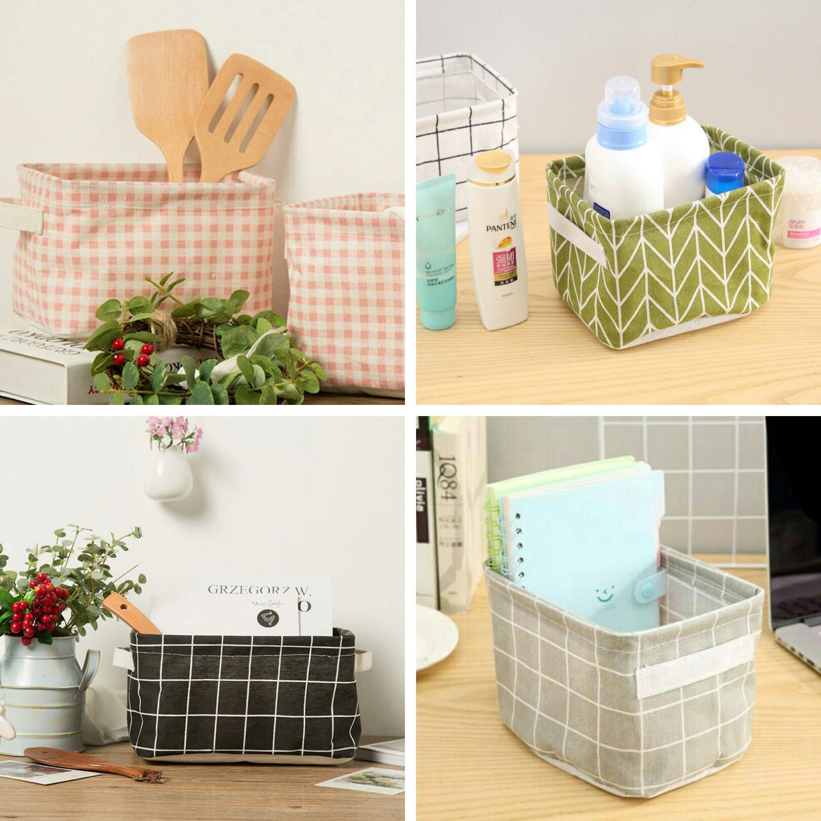 MinoMia 4 Pack Canvas Storage Basket Bins, Home Decor Organizers Bag for Adult Makeup, Baby Toys liners, Books (stripe & check)