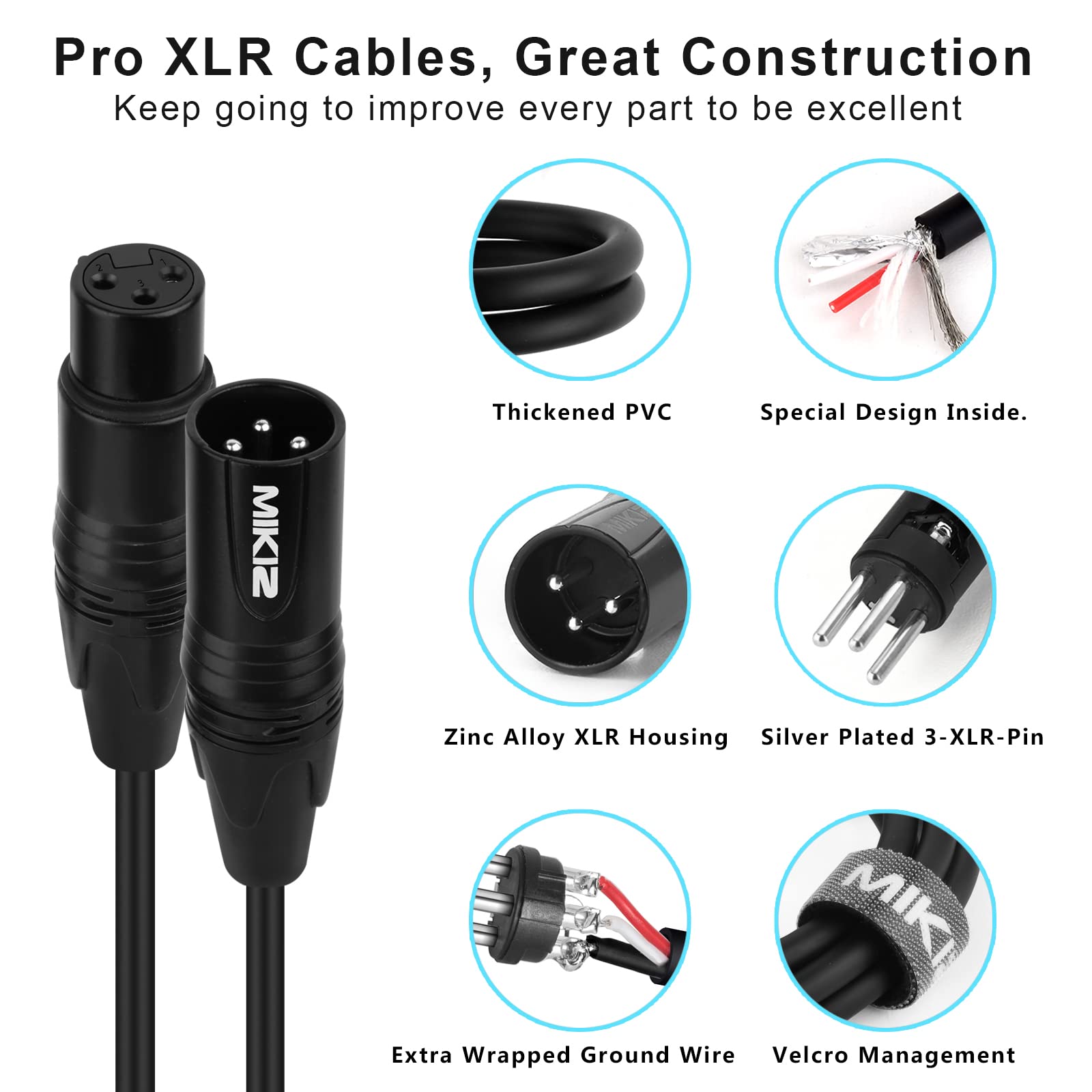 MIKIZ XLR Cables 50 Feet 2 Packs Premium Balanced Microphone Mic Cord 3 Pin XLR Male to Female 50ft