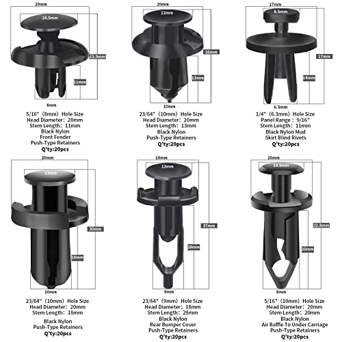 KCRTEK 120 pcs 6.3mm 8mm 9mm 10mm Nylon Bumper Push Fasteners,Bumper Clips with Fastener Removal Tool