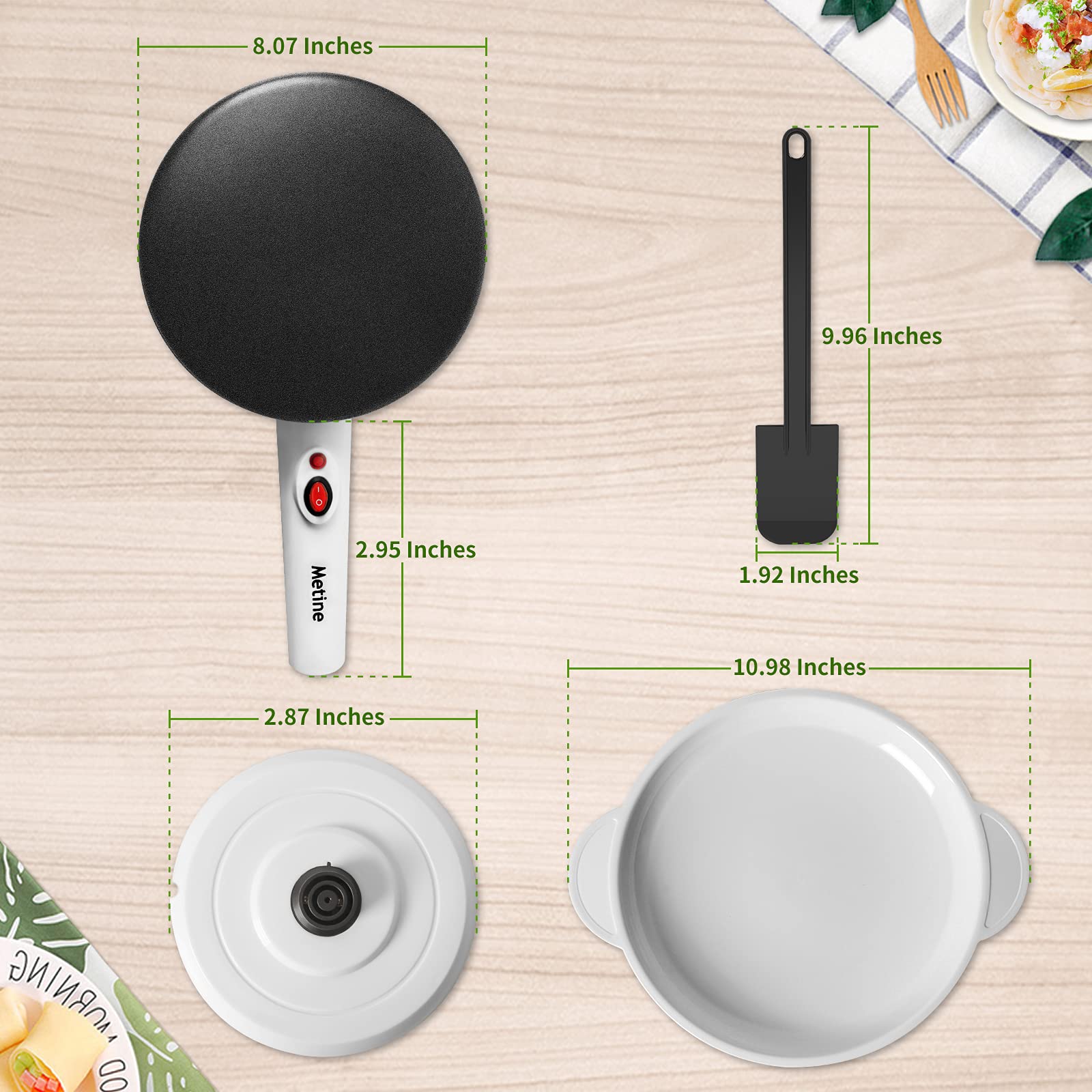 Metine Crepe Makers Cordless Portable Crepe Maker Nonstick Coating Automatic Temperature Control w/Electric Base and Spatula for Pancakes Blintz Chapati