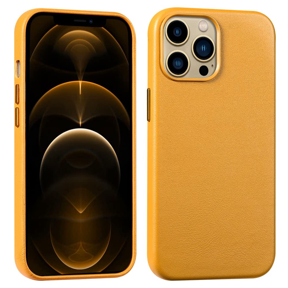 LANGSIDI iPhone12 iPhone12pro Leather case, Luxury Full PU Leather Wrapped Shockproof Magnetic Phone Cover, Compatible with Mag Safe,for iphone12/12pro case 6.1'' (Poppy Yellow)