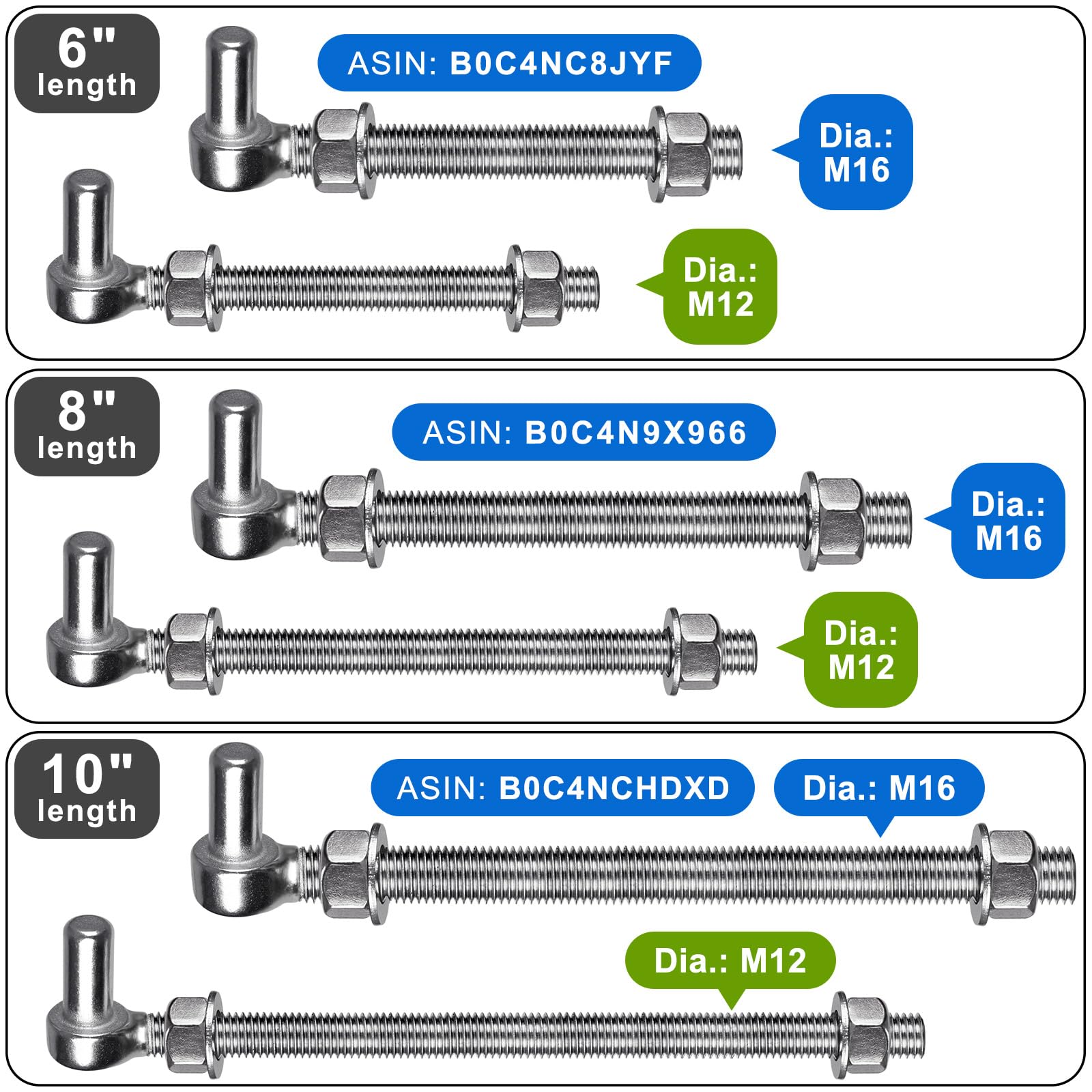 Insaga M12x 10'' J-Bolt Gate Hinge, 304 Stainless Steel Farm Gate Hinge, 4pcs J-Bolt Post Hinge with 5/8" Male Pin for Chain Link Fence Gate