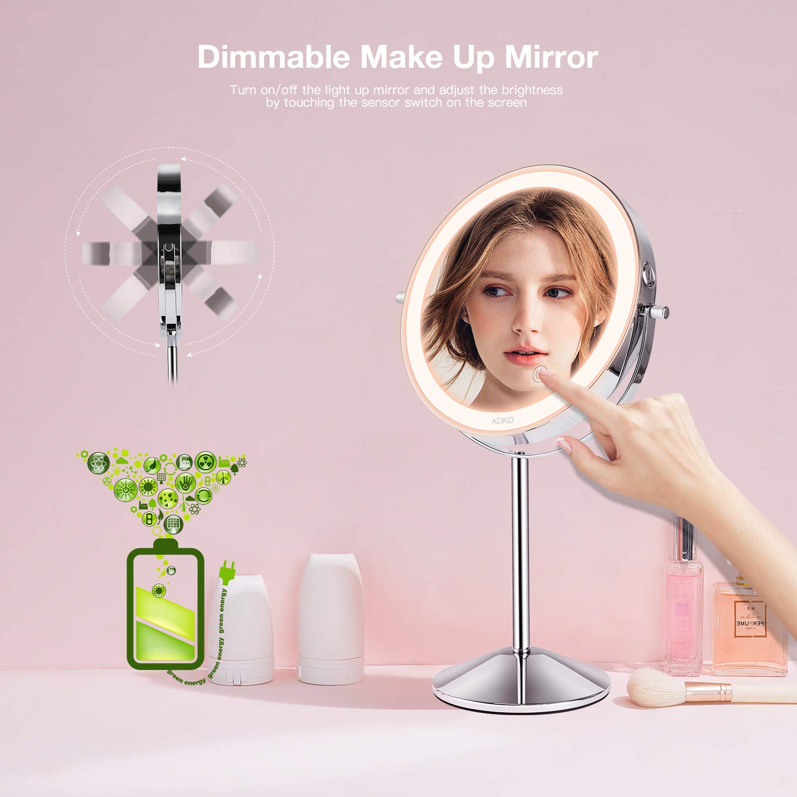 KDKD Lighted Makeup Mirror 7X Magnifying Swivel Vanity Mirror with 72 LED Lights 3 Color Modes, 8 Inch Round Tabletop Standing Polished Chrome Finished Cosmetic Mirror Rechargeable.