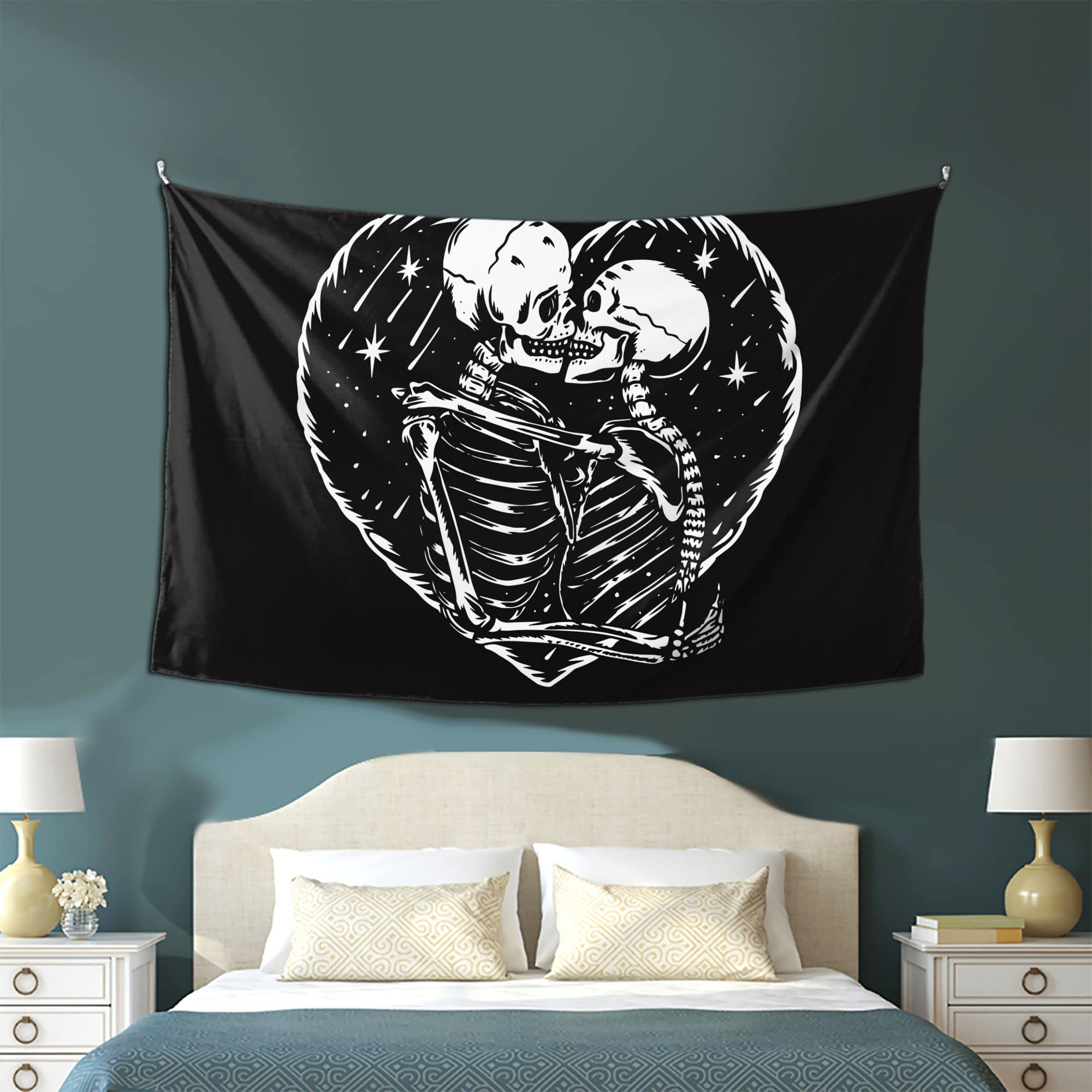 Monond Art Poster Tapestry Skull Skeleton Love Kissing Black Wall Hanging Boho Studio Room Decoration Curtain Handicrafts Trippy Small Tapestries 60"×40" for Wall Balcony Decor