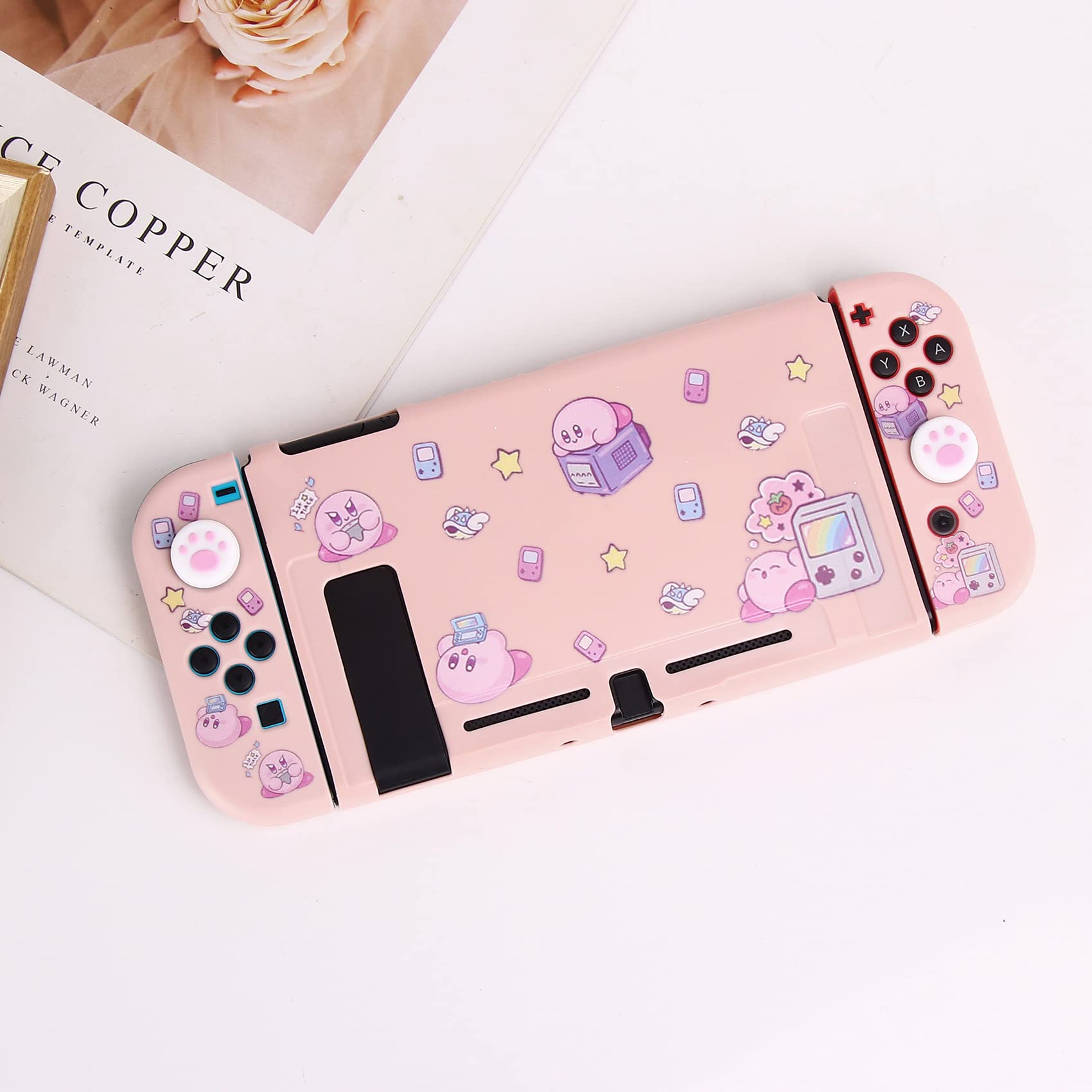 ManHaU&hO Protective Case for Switch,Cute Soft TPU Slim Case Cover for NS Console and Joy-Con Controllers,Have 2 Pink white cat claw patternThumb Grips Caps - (Pink Kirby)
