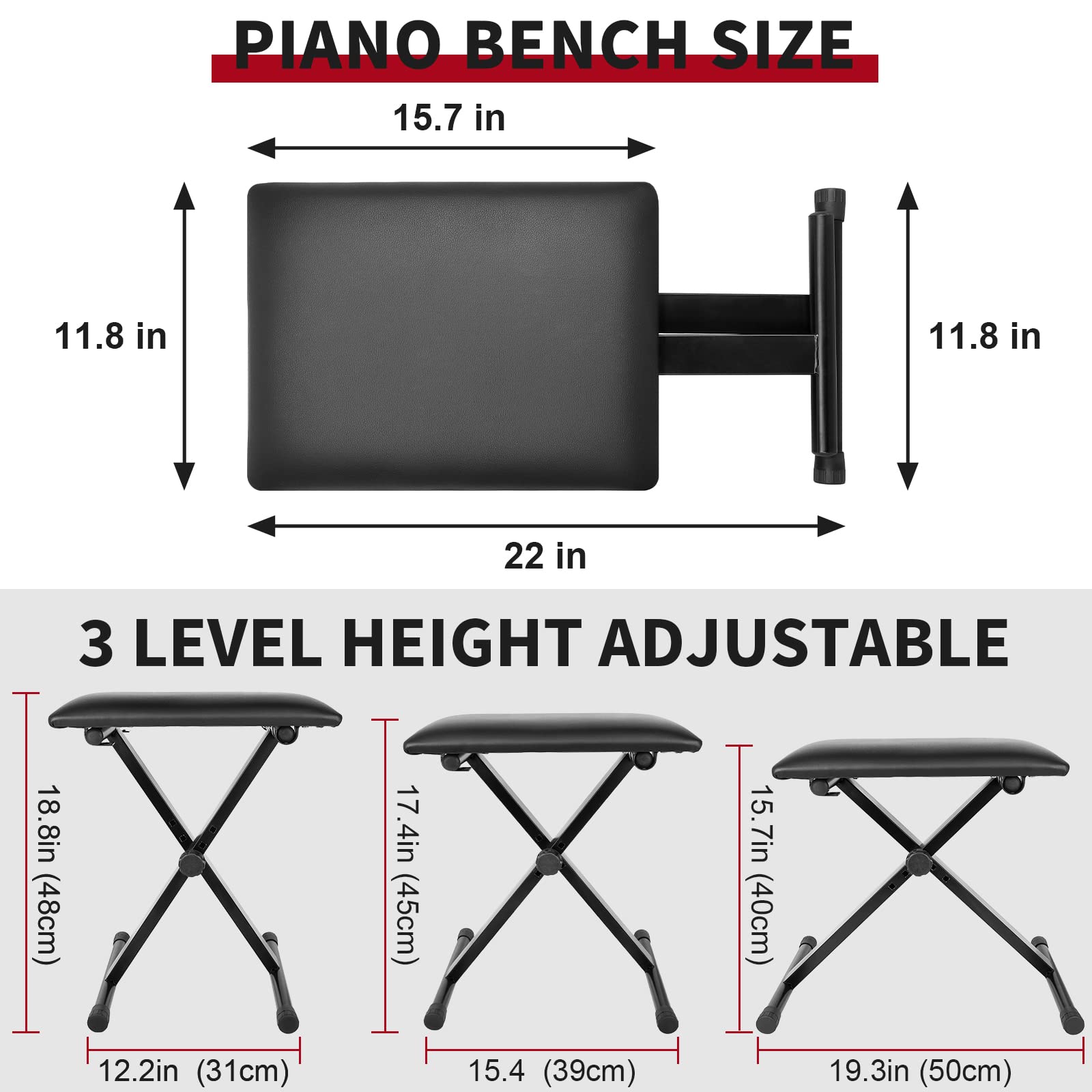 MUZNOTE Piano Bench, Adjustable Keyboard Bench Padded Keyboard Chair Seat X-Style Collapsible, Flame Retardant Cotton, Non-Slip Waterproof Design, Black
