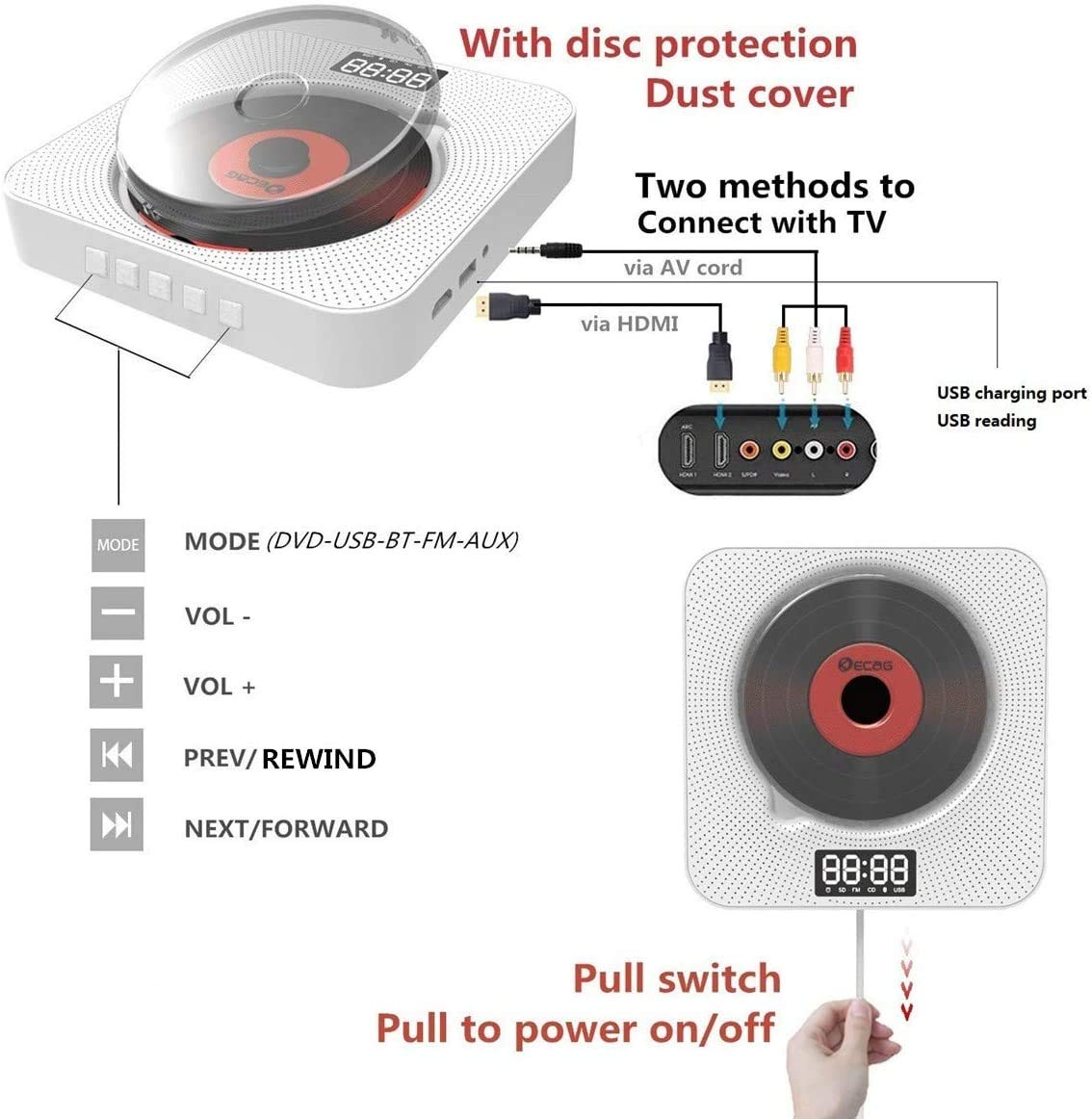KECAG DVD/CD Player with Bluetooth Dual Speakers,Wall Mountable DVD Player Portable with HDMI Full-HD 1080P Output for TV,AV USB Port FM Radio Remote Control 3.5mm AUX Line in/Out Sleep Timer,White