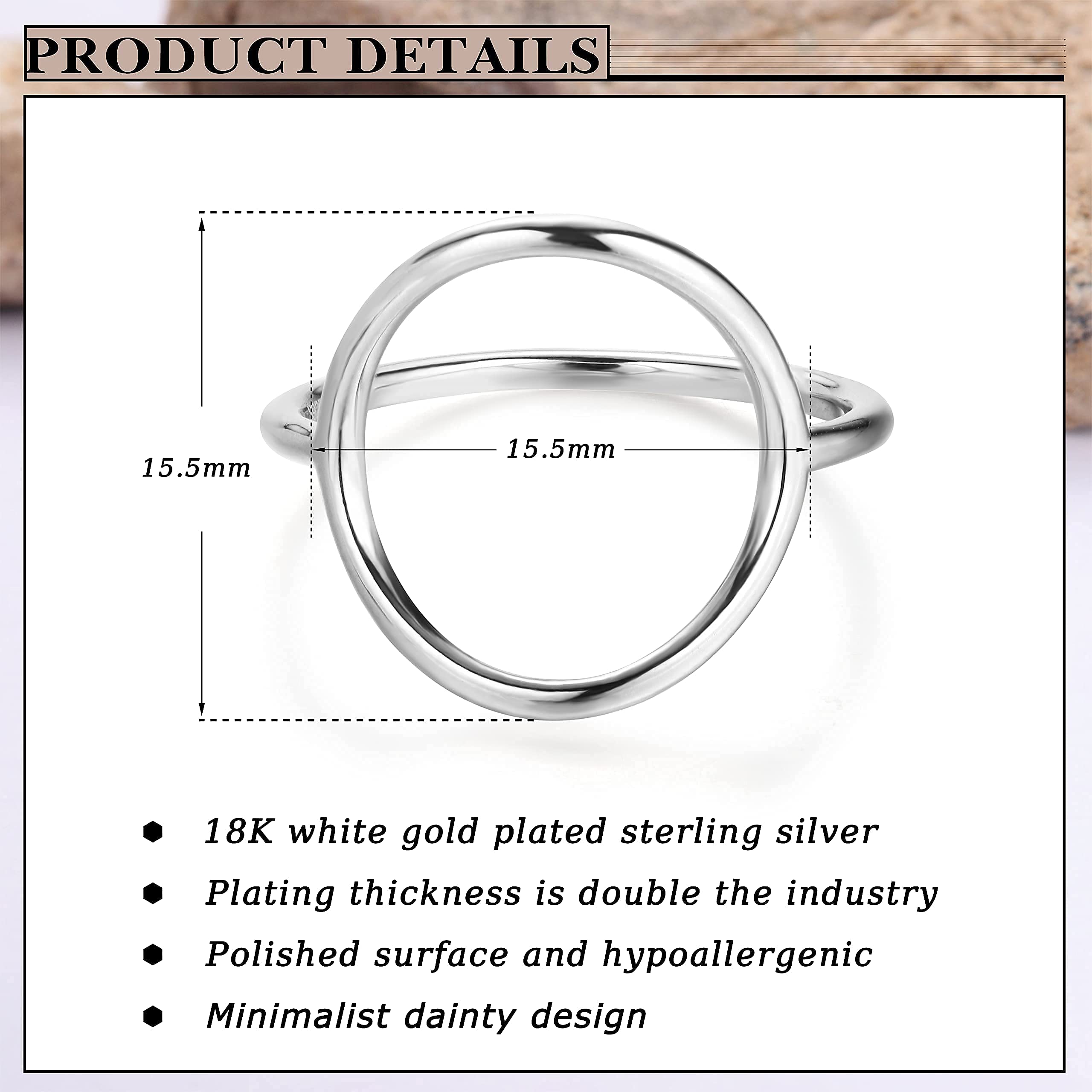 MILACOLATO 925 Sterling Silver Ring for Women 18K White Gold Plated Open Circle Karma Rings Polished Fashion Simple Plain Stackable Statement Promise Rings Comfort Fit Size 9