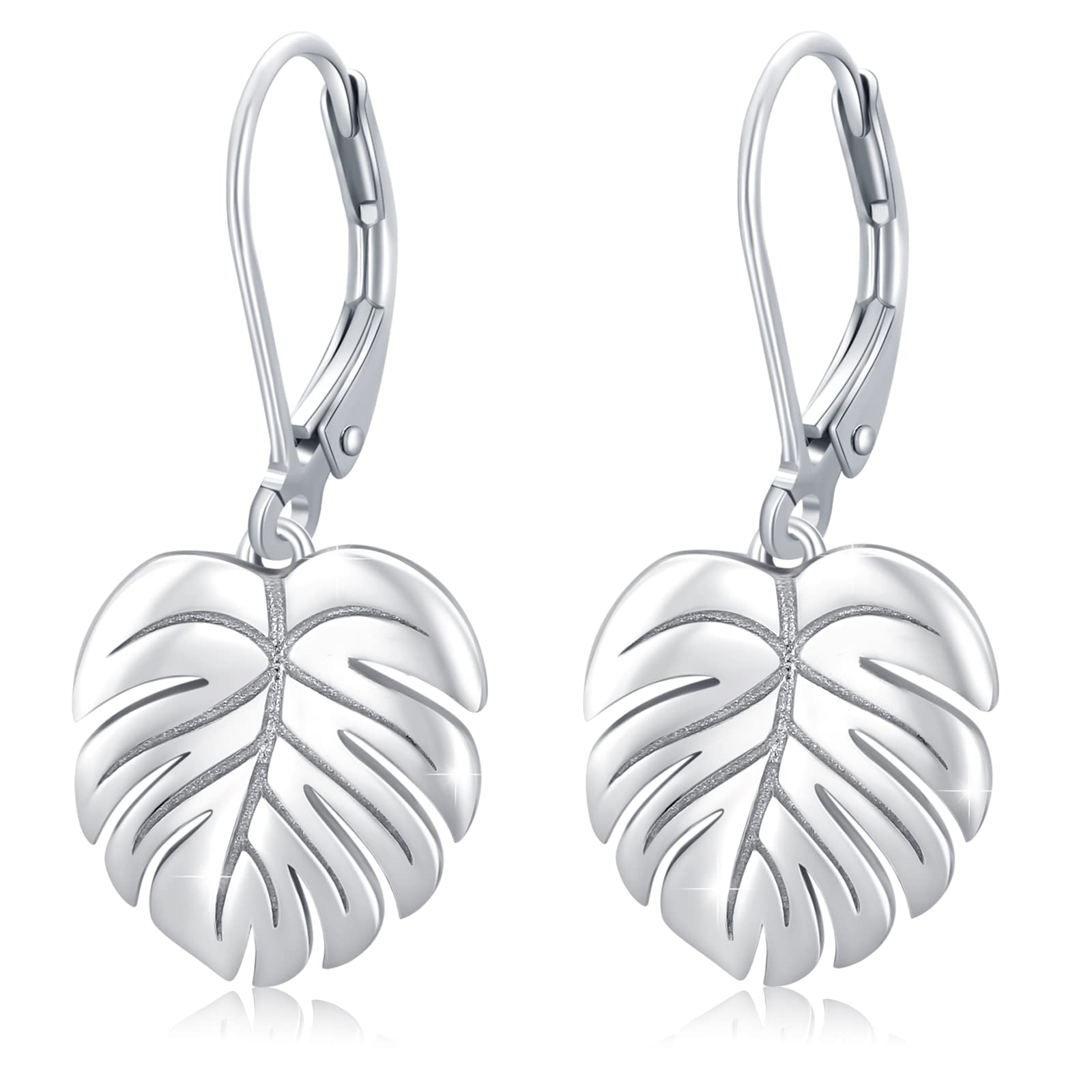Monstera Earrings 925 Sterling Silver Leverback Earrings Palm Leaves Tropical Earrings Plant Dangle Drop Earring for Women Fashion Jewelry