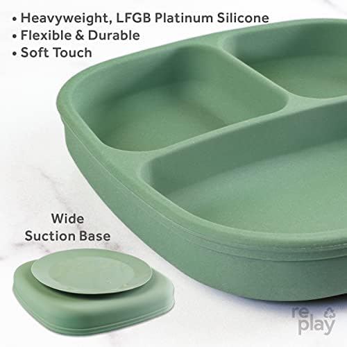 Re-Play Sustainables Silicone Suction Divided Plate with Press In Compartment Lid - Made with Medical-Grade Platinum Silicone - With Lid - Sage