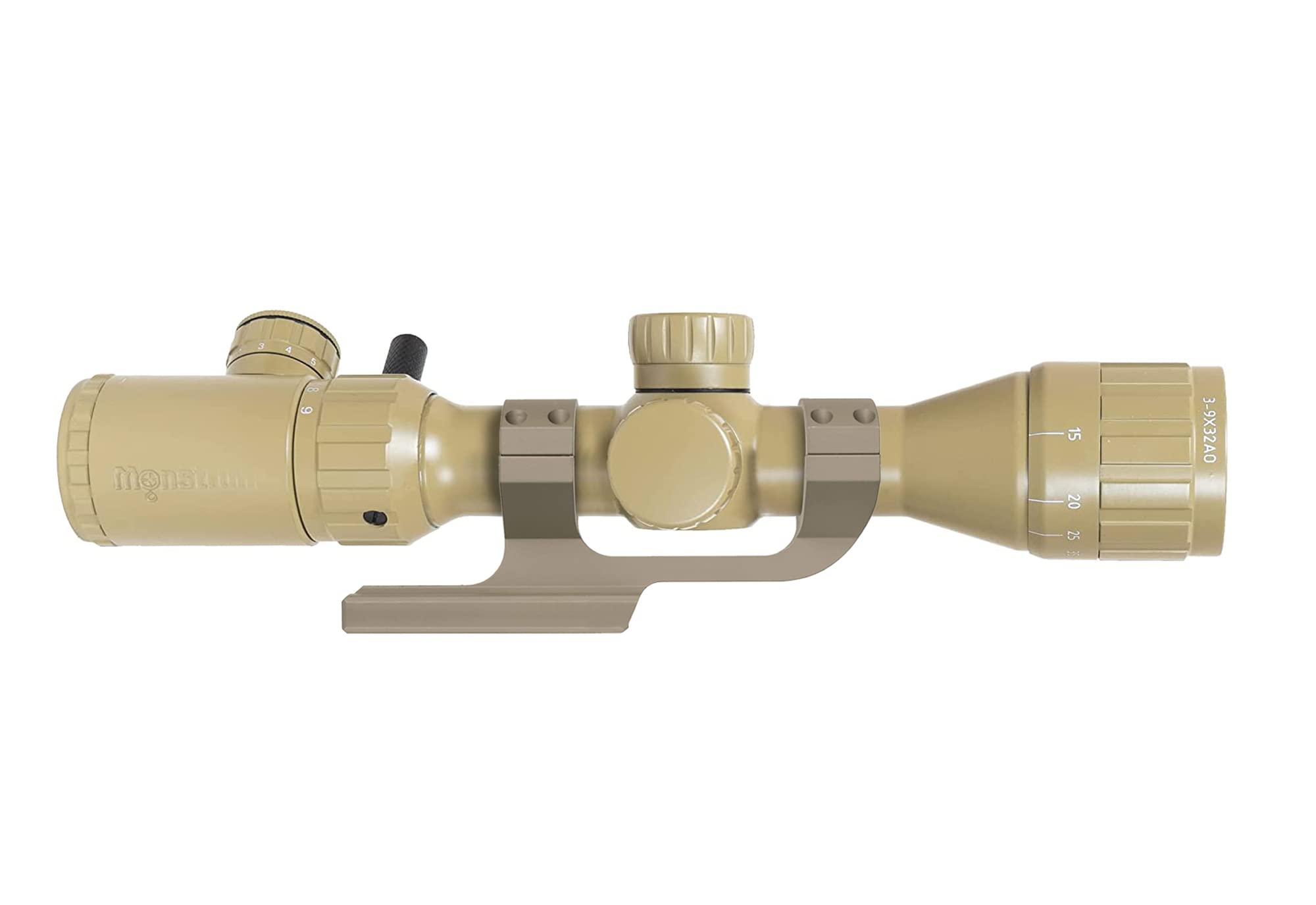 Monstrum 3-9x32 AO Rifle Scope with Illuminated Range Finder Reticle and Parallax Adjustment | ZR251 Slim Series Offset Scope Mount | Flat Dark Earth | Bundle