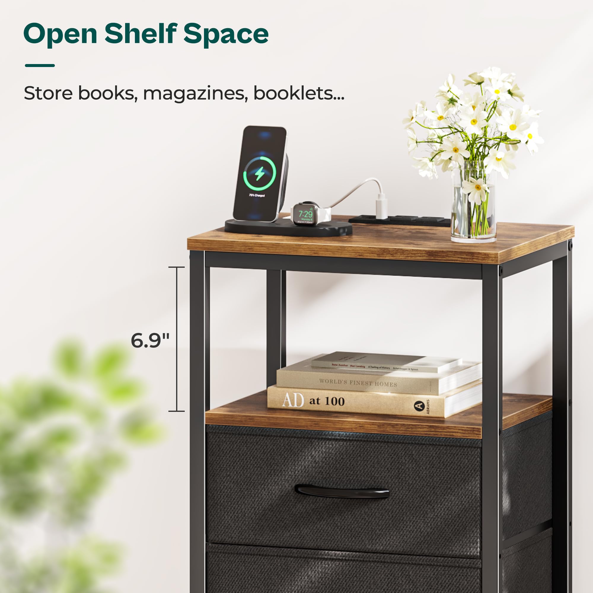 Huuger Nightstands Set of 2, End Tables with Charging Station, Side Tables with Fabric Drawers, Bedside Tables with USB Ports and Outlets, Night Stands for Bedroom, Rustic Brown and Black